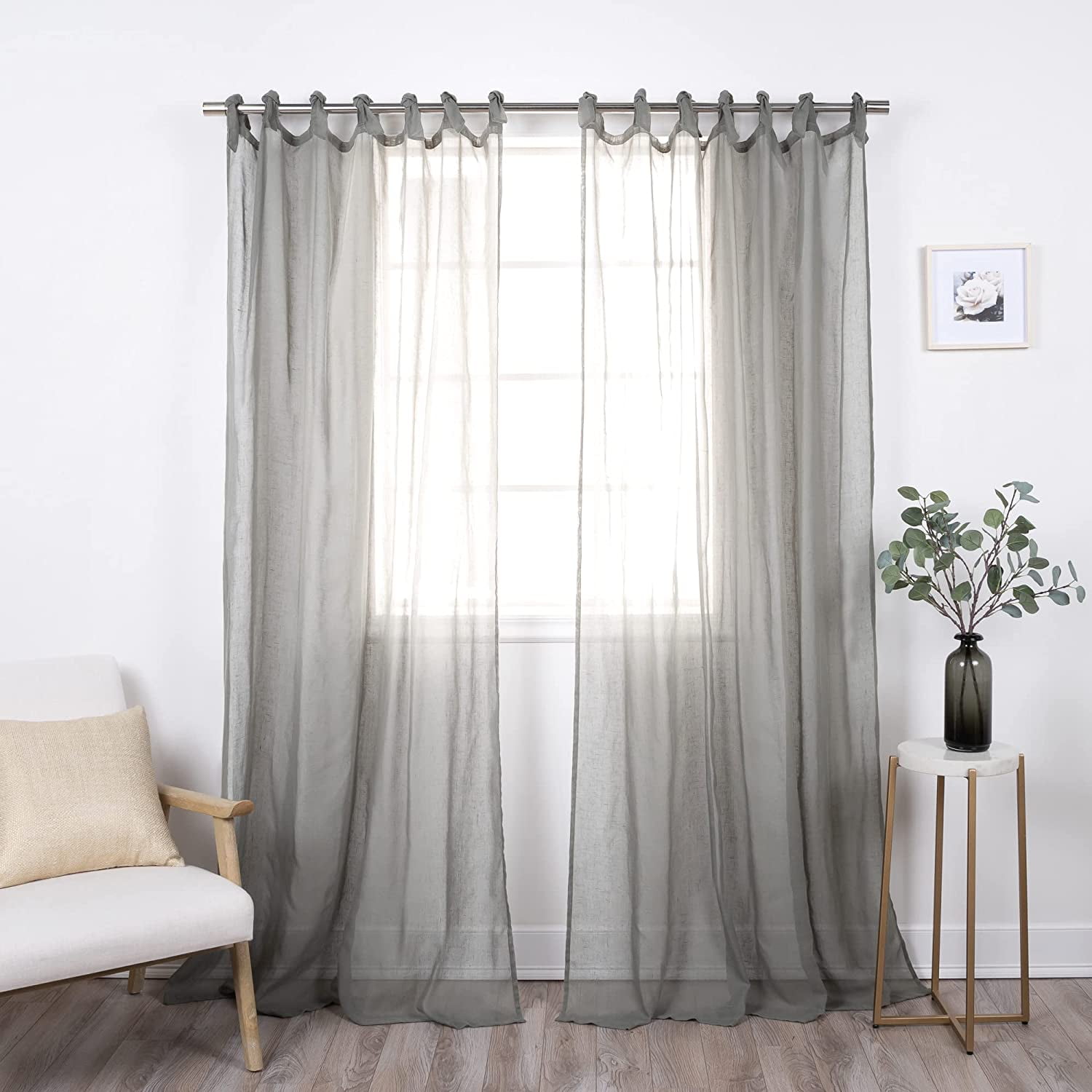 Quality Home Sheer Linen Look Romantic Tie Top Curtains - Walmart.com