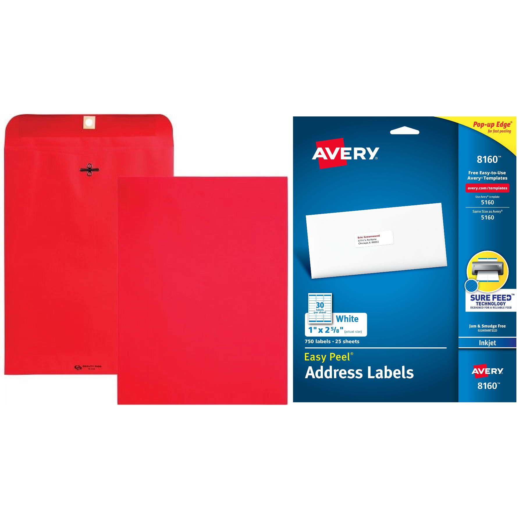 Quality Park Brightly Colored 9x12 Clasp Envelopes and Avery 8160 Easy ...