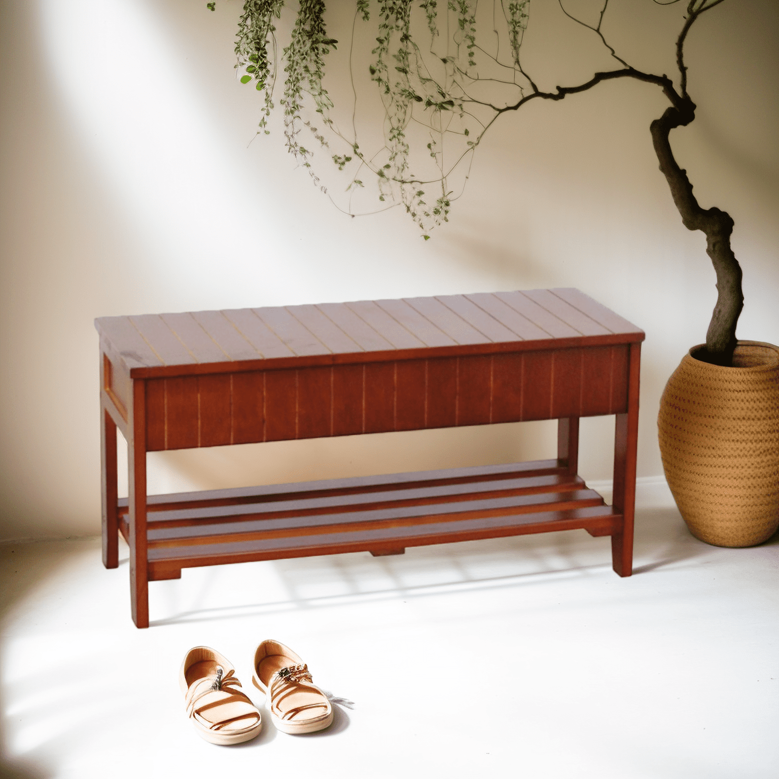 Quality Solid Wood Shoe Bench with Storage, Cherry - Walmart.com