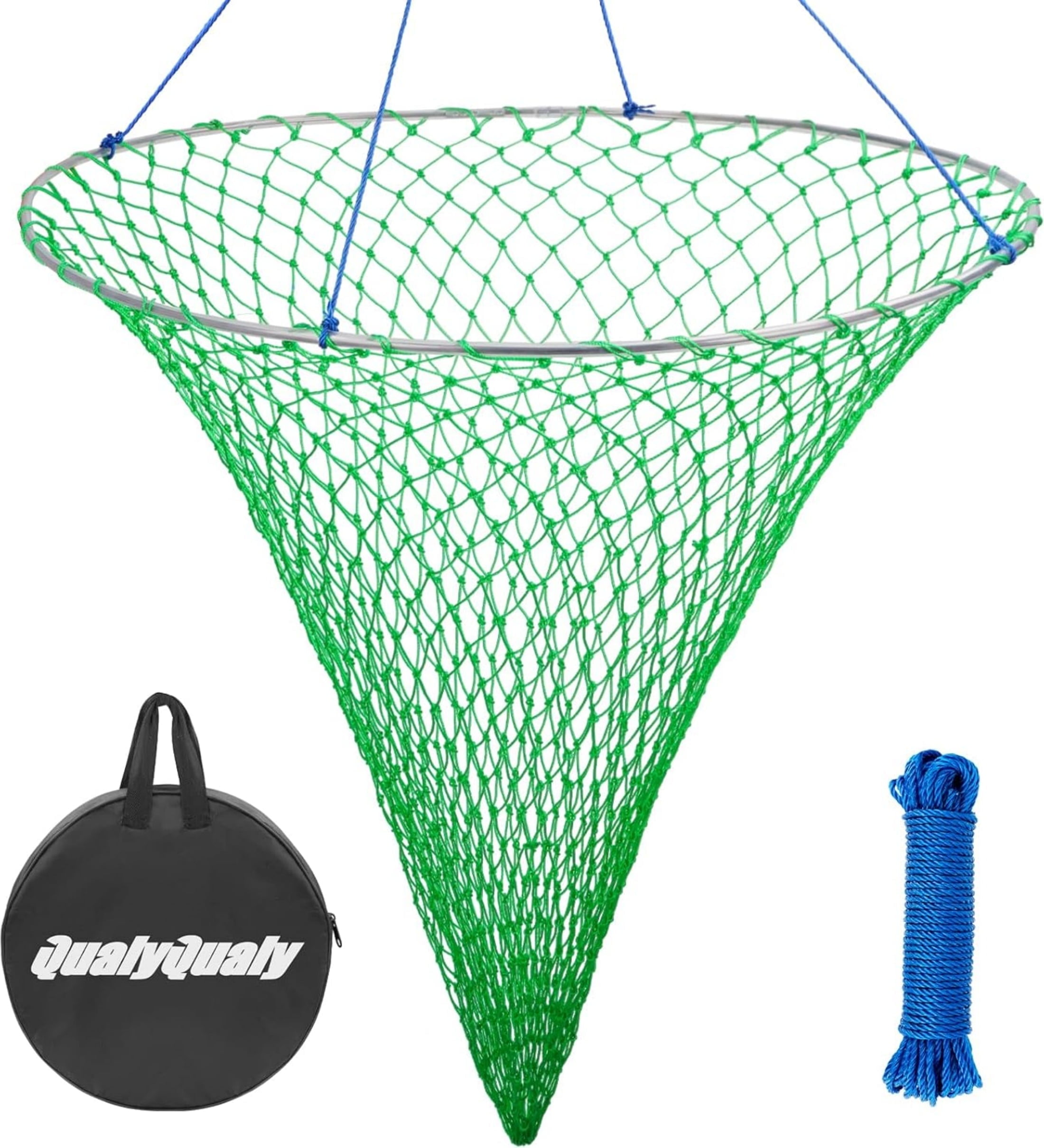 QualyQualy Bridge and Pier Fishing Net with Foldable Drop Net, Steel Hoop and Nylon Mesh ...