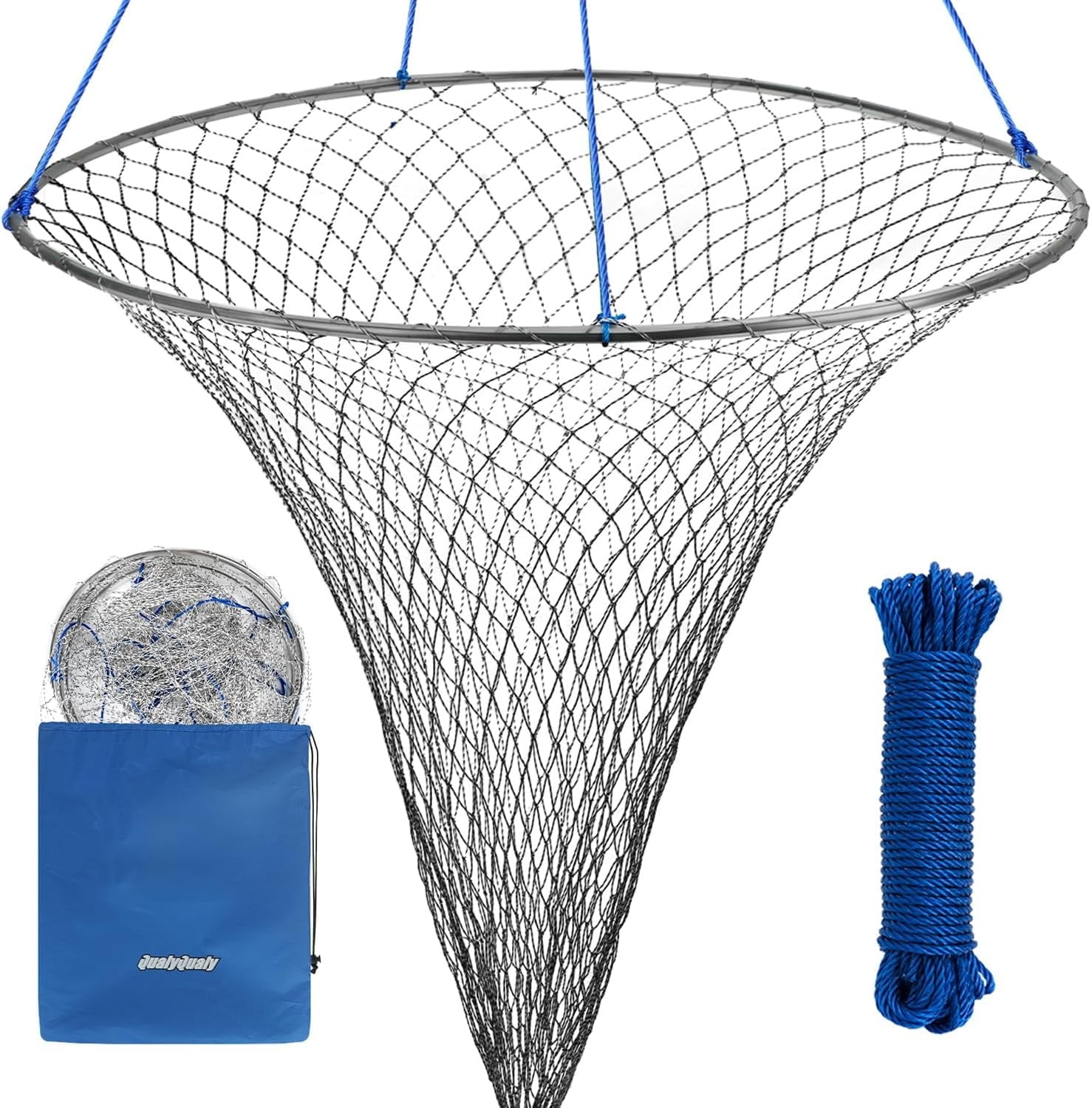QualyQualy Bridge and Pier Fishing Net with Foldable Drop Net, Steel Hoop and Nylon Mesh ...