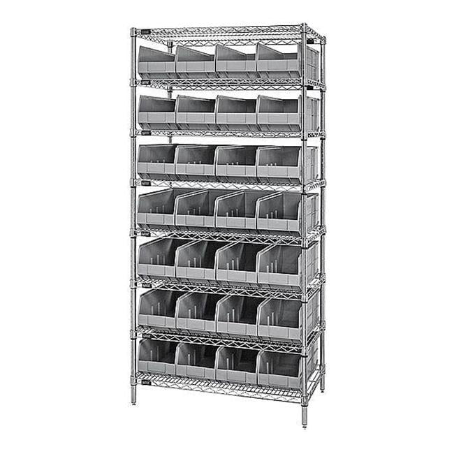 Quantum Storage Systems B815645 WR8-443 Chrome Wire Shelving with 28 SSB443 Stackable Shelf Bins ...