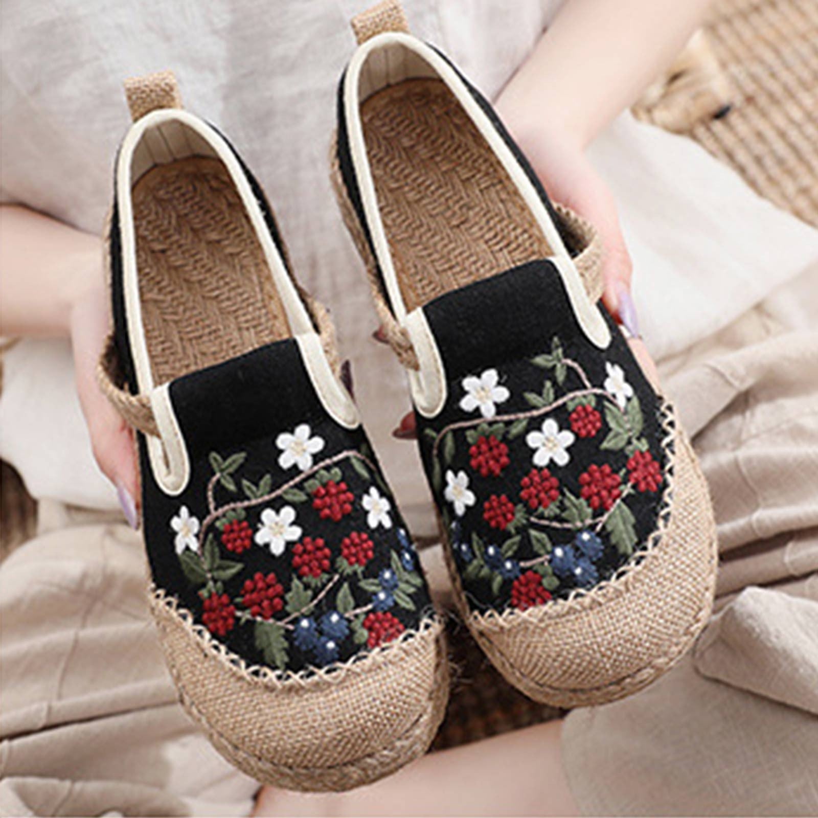 Quaouag Espadrilles for Women Flat Slip on Loafers House Shoes Flowers ...