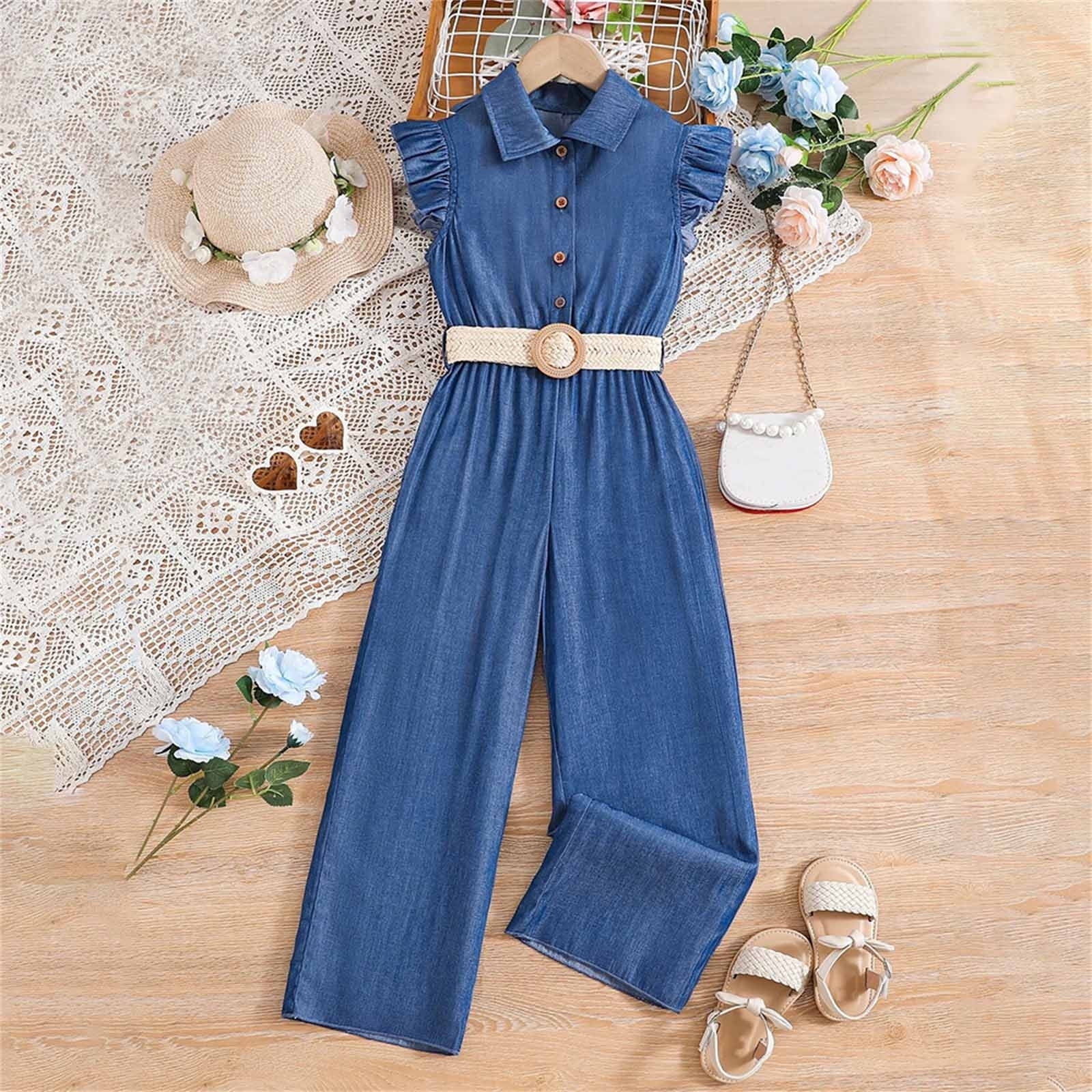 Quaouag Girls' Casual Denim Overall Jumpsuits Sleeveless Collared Neck ...