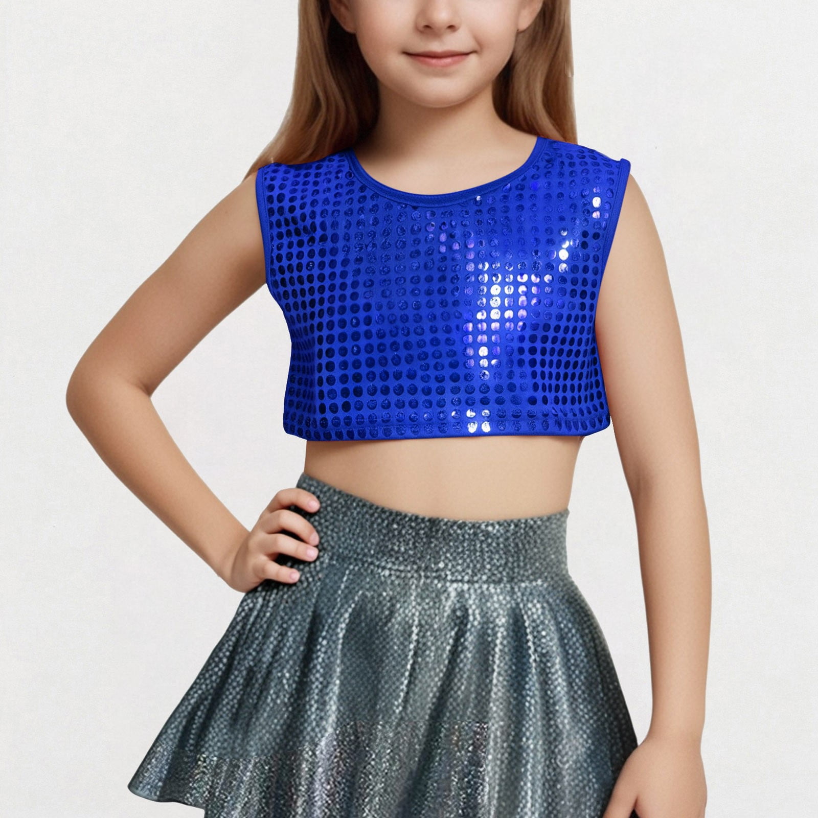 Quaouag Girls Shiny Metallic Tank Top Sleeveless Crewneck Cute Crop ...