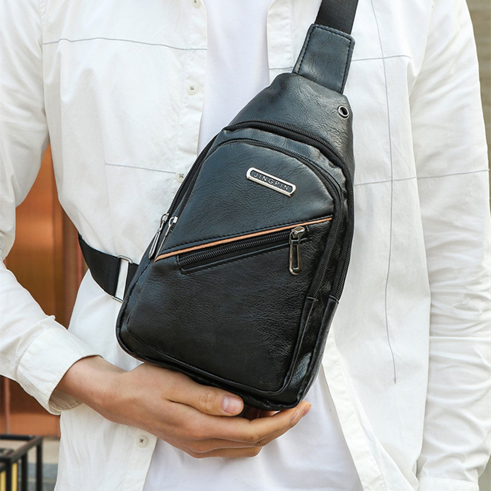 Quaouag Mens Sling Bag, Leather Sling Bag Waterproof Casual Daypack ...