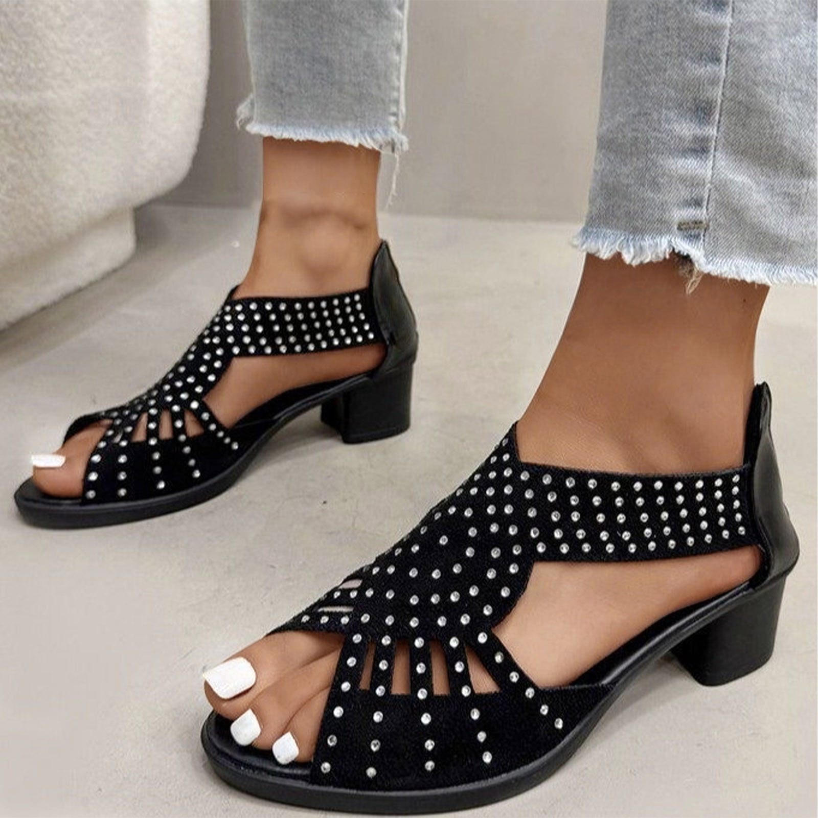 Quaouag Sandals for Women,Womens Vintage Peep Toe Rhinestone Cut Out ...