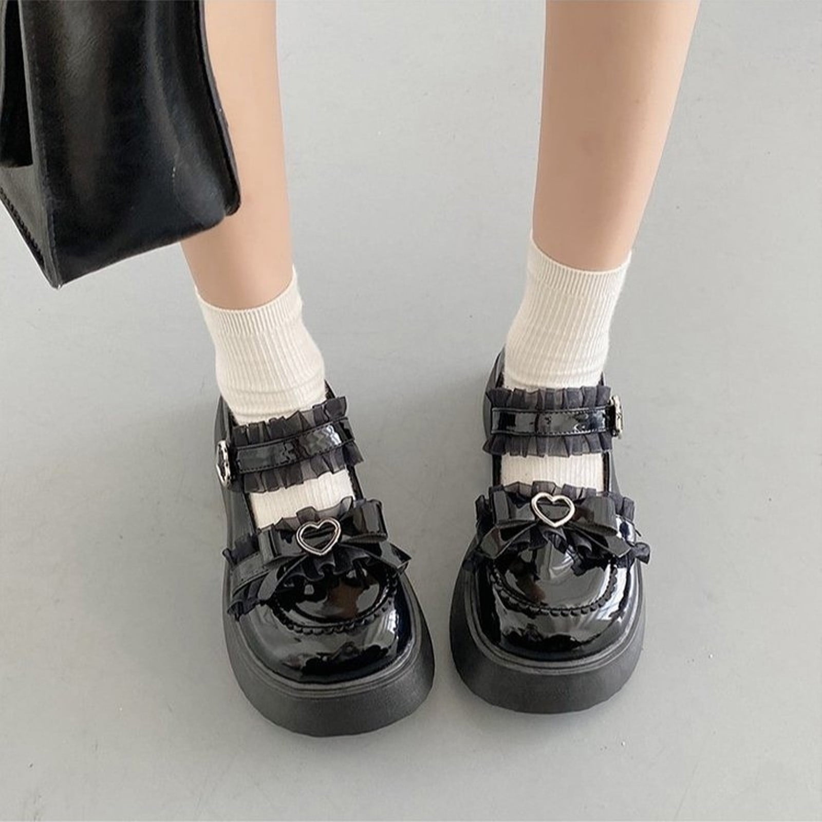Quaouag Women Lolita Shoes Heel Mary Jane Lace Pumps with Bow Kawaii ...