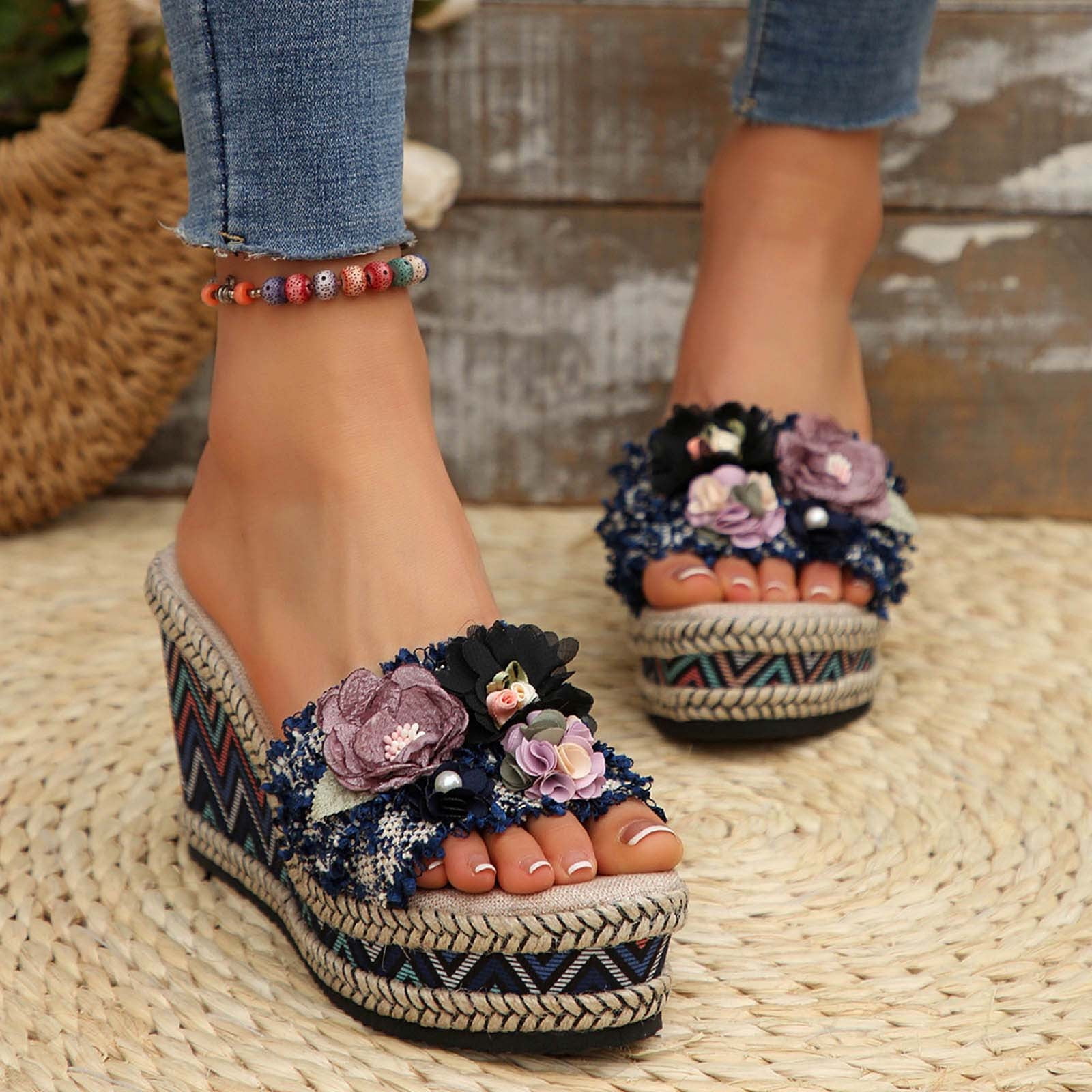 Quaouag Women's Bohemian Style Floral Pearls Slope Heel Sandals Waterproof Platform Decorative ...