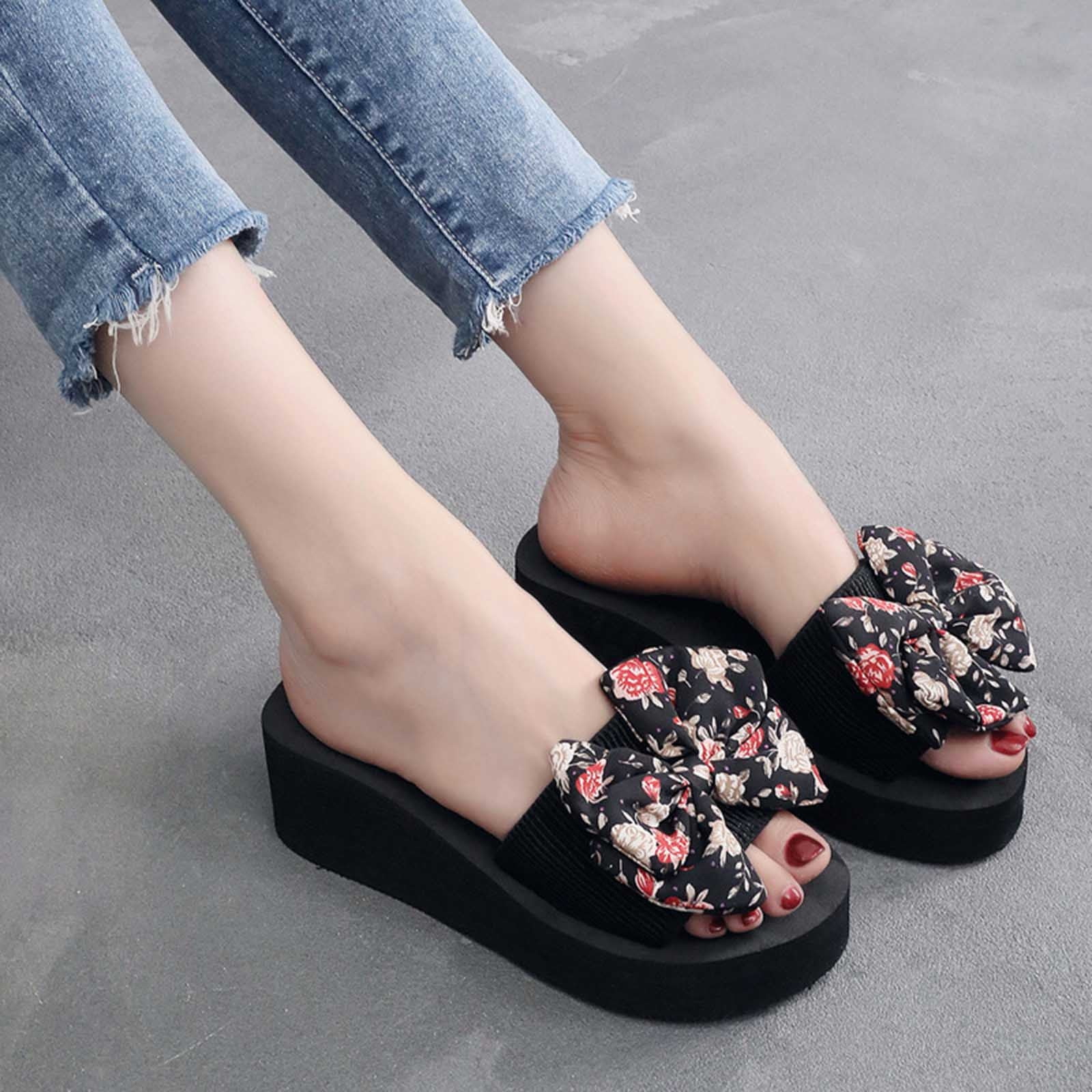 Quaouag Women's Bow Sandals Beach Sandals Platform Round Open Toe Slide ...