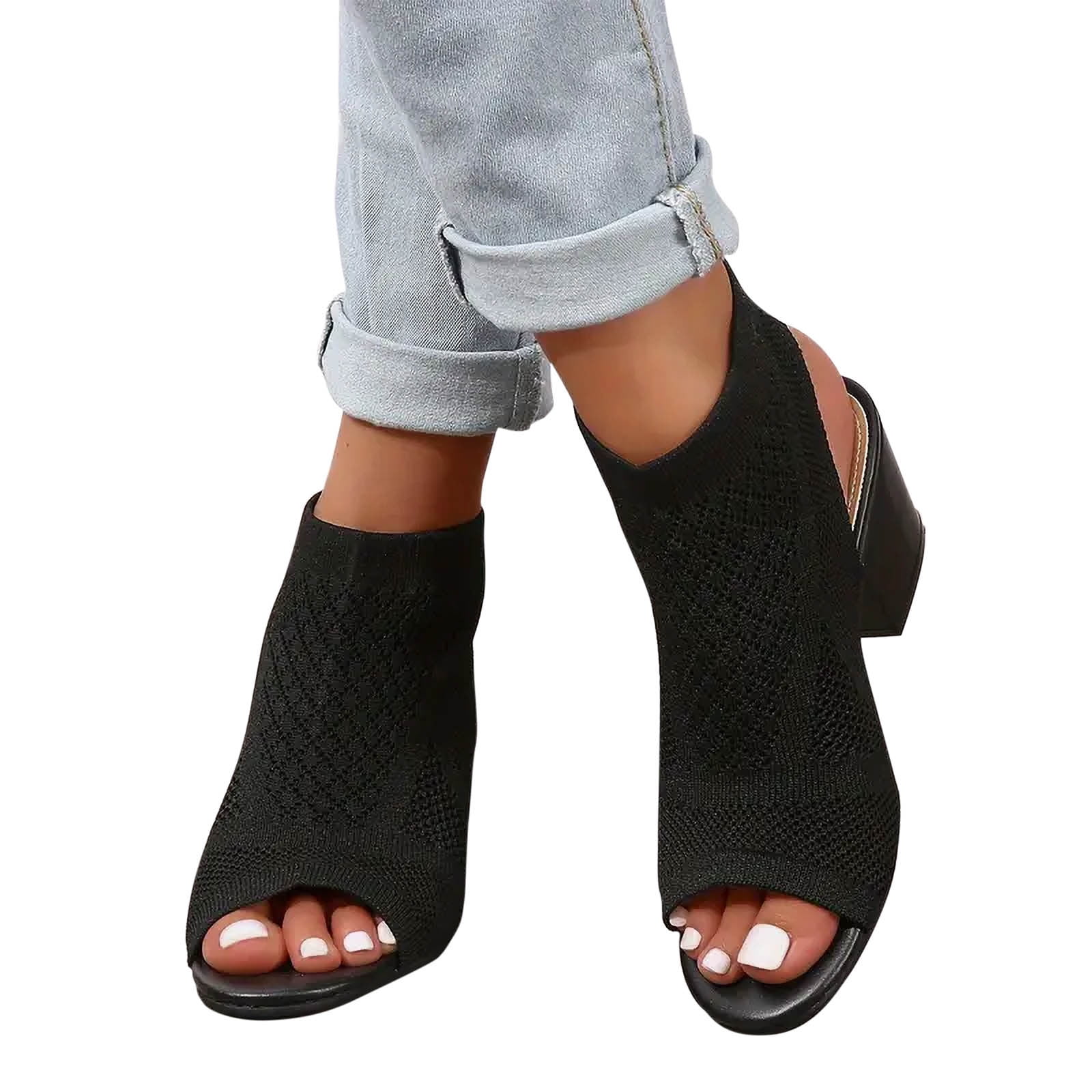 Quaouag Women's Knit Chunky Block High Heels Sandals Slingback Cut Out ...
