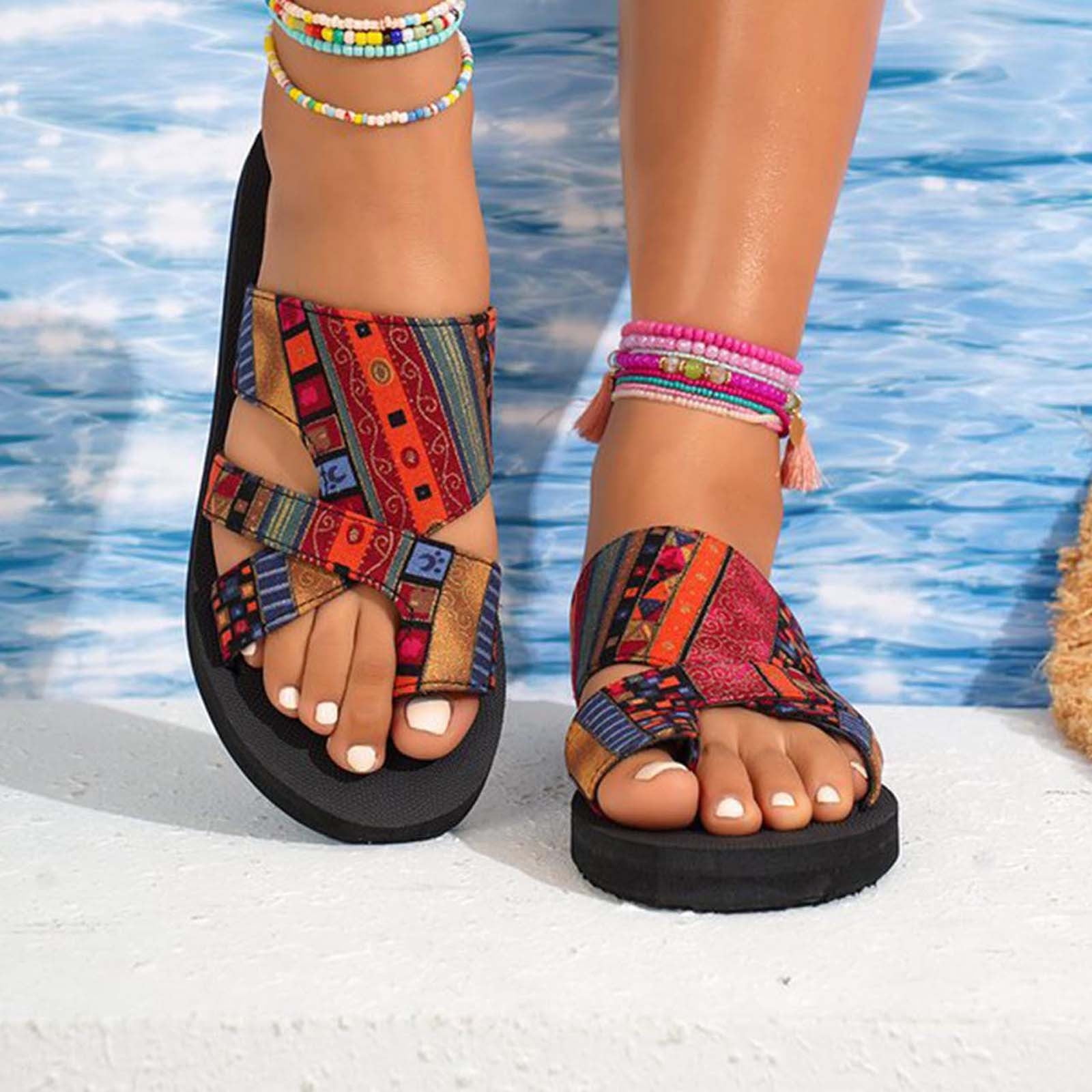 Quaouag Women's Rainbow Colorful Summer Flat Sandals 2025 Boho Beach ...