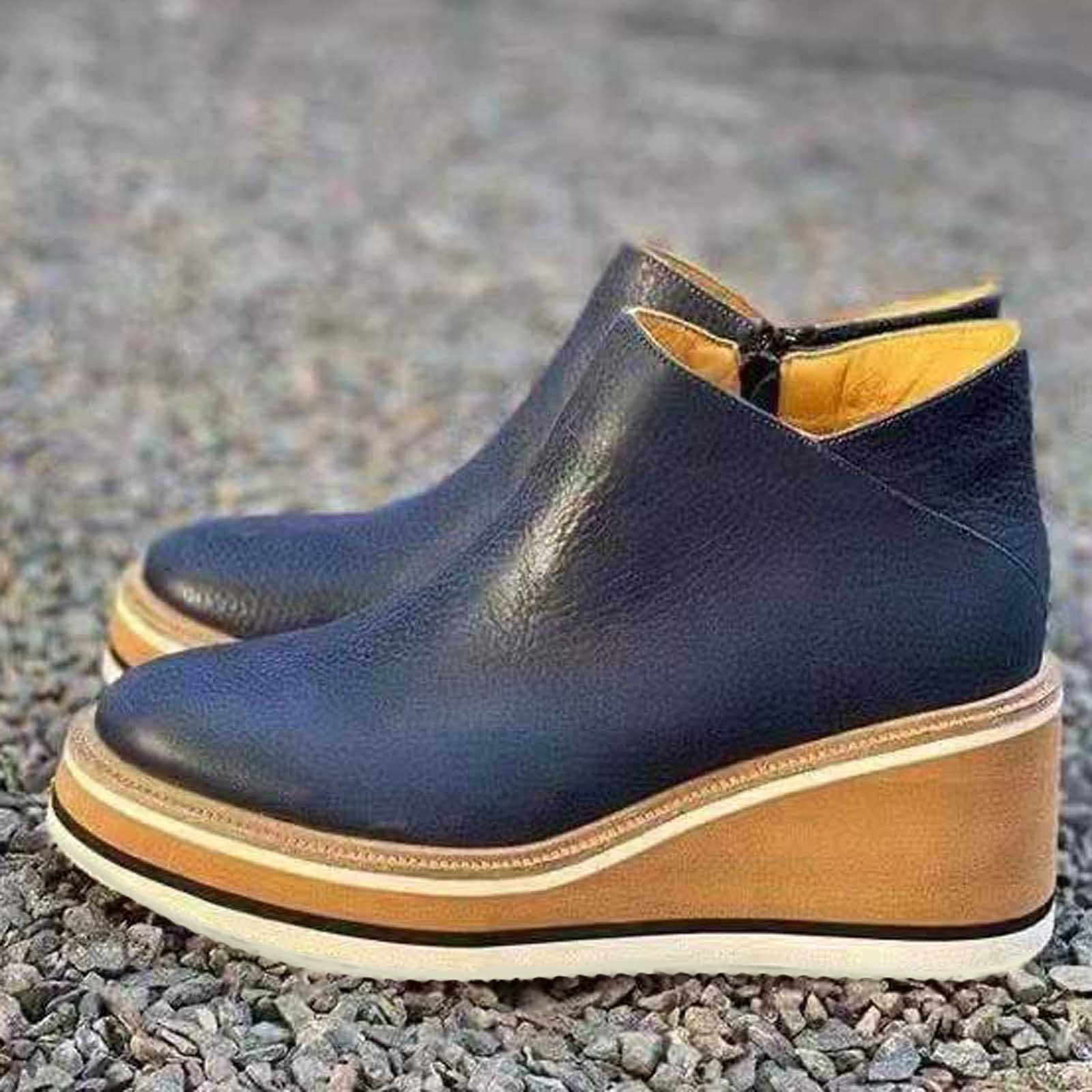 Quaouag Women's Wedge Ankle Boots Fashion Side Zipper Leather Booties ...