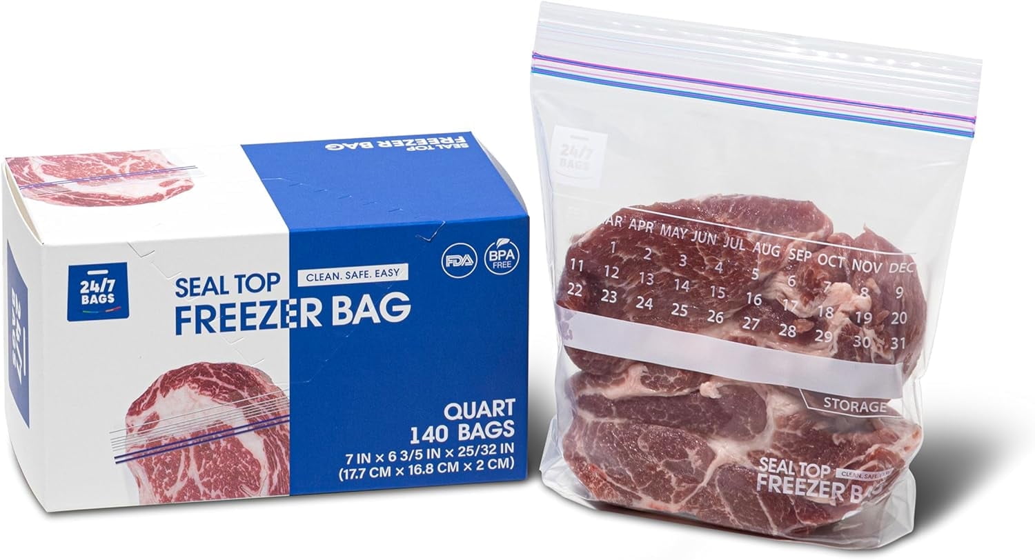 Quart Freezer Bags, 140 Count with Expandable Bottom and New Calendar Feature, Easy Fill On The ...