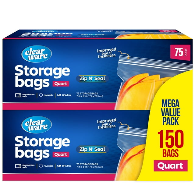 Quart Storage Bags - 150 Count, Resealable Thick Plastic Food Storage ...