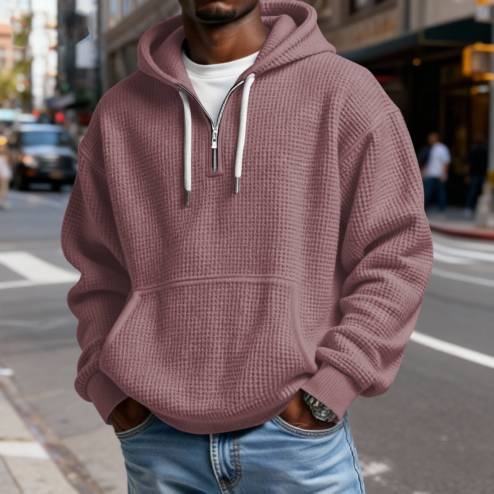 Quarter Zip Hoodie Men Plus Size Long Sleeve Waffle Hoodies Oversized ...