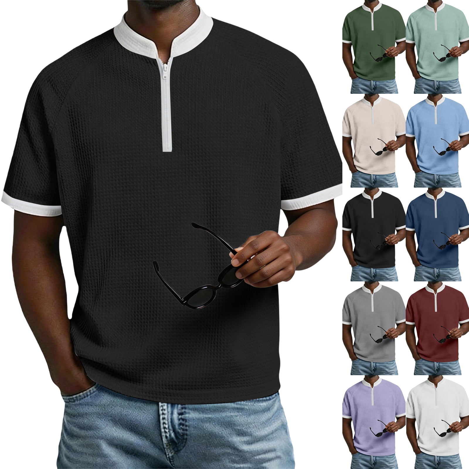 Quarter Zip Waffle Henley Shirts for Men 2026 Summer Stand Collar Short ...