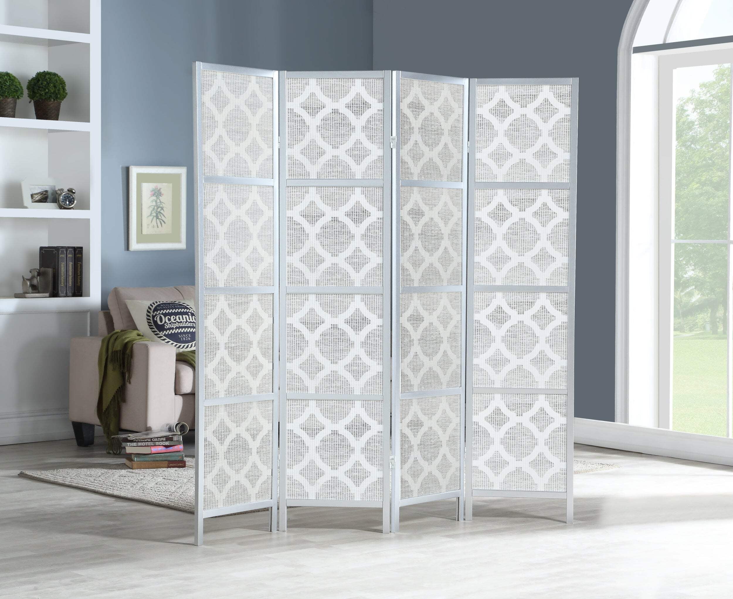 Quarterfoil Infused Diamond Design 4 Panel Room Divider, Silver Silver ...