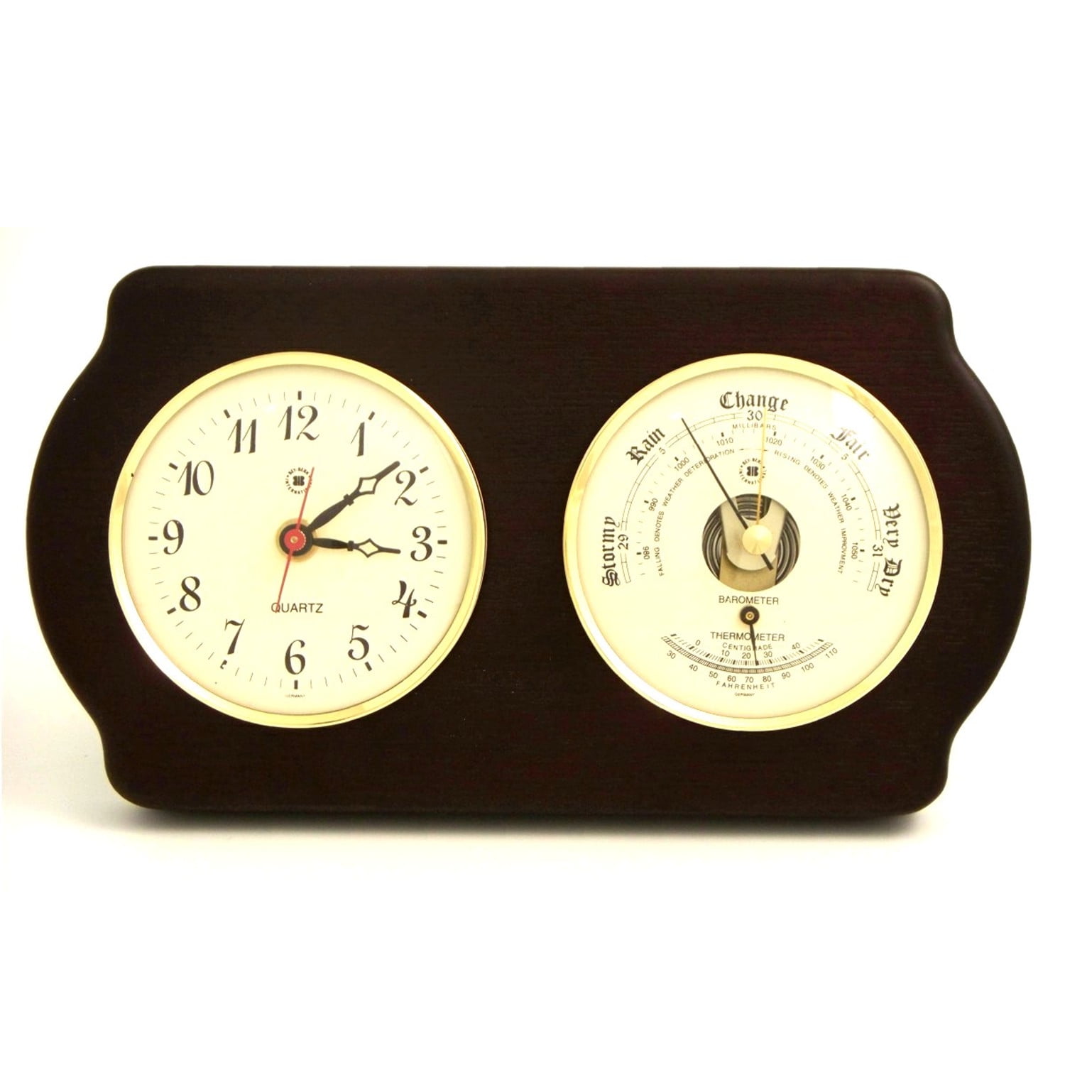 Quartz Clock and Barometer with Thermometer on Ash Wood with Brass Bezel. Wall Mounts Vertically ...
