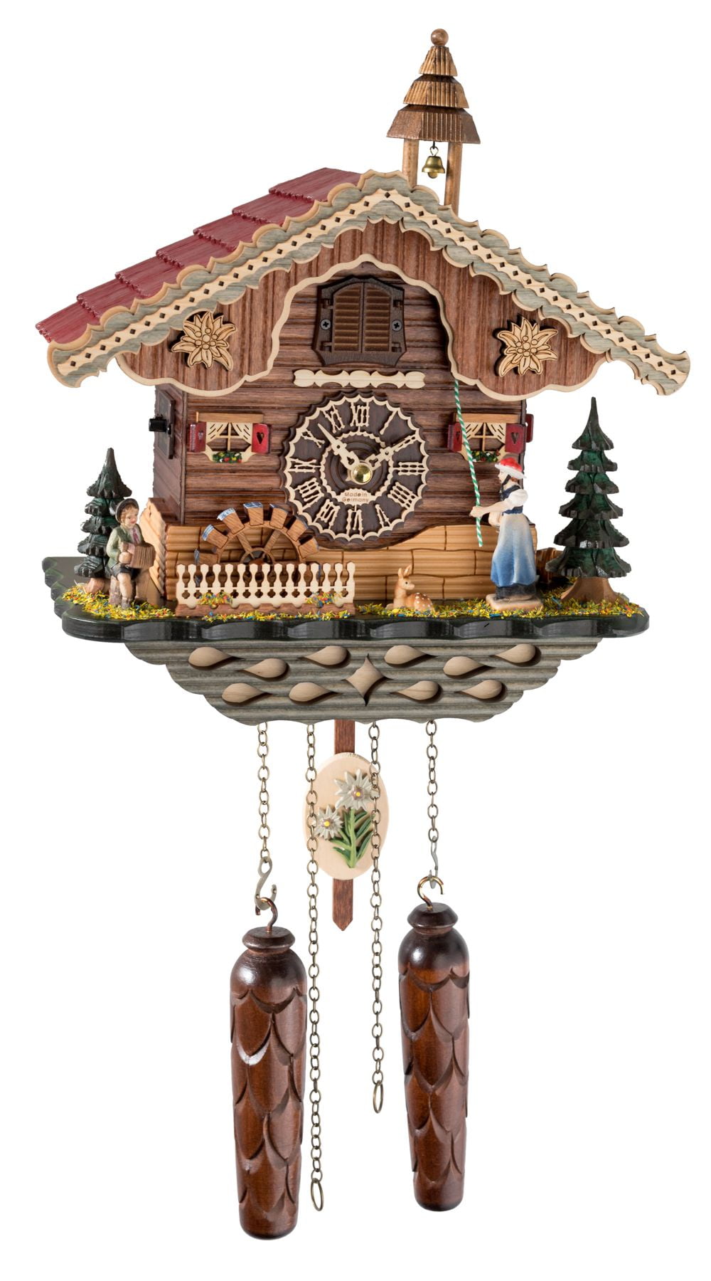 Quartz Cuckoo Clock Black forest house, turning mill-wheel and moving ...