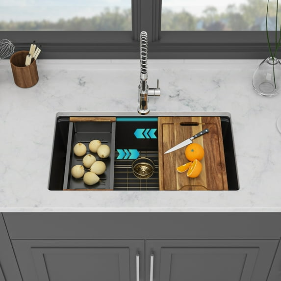 Quartz Kitchen Sink - 30" x 19" x 9.65" Black Granite Composite ...