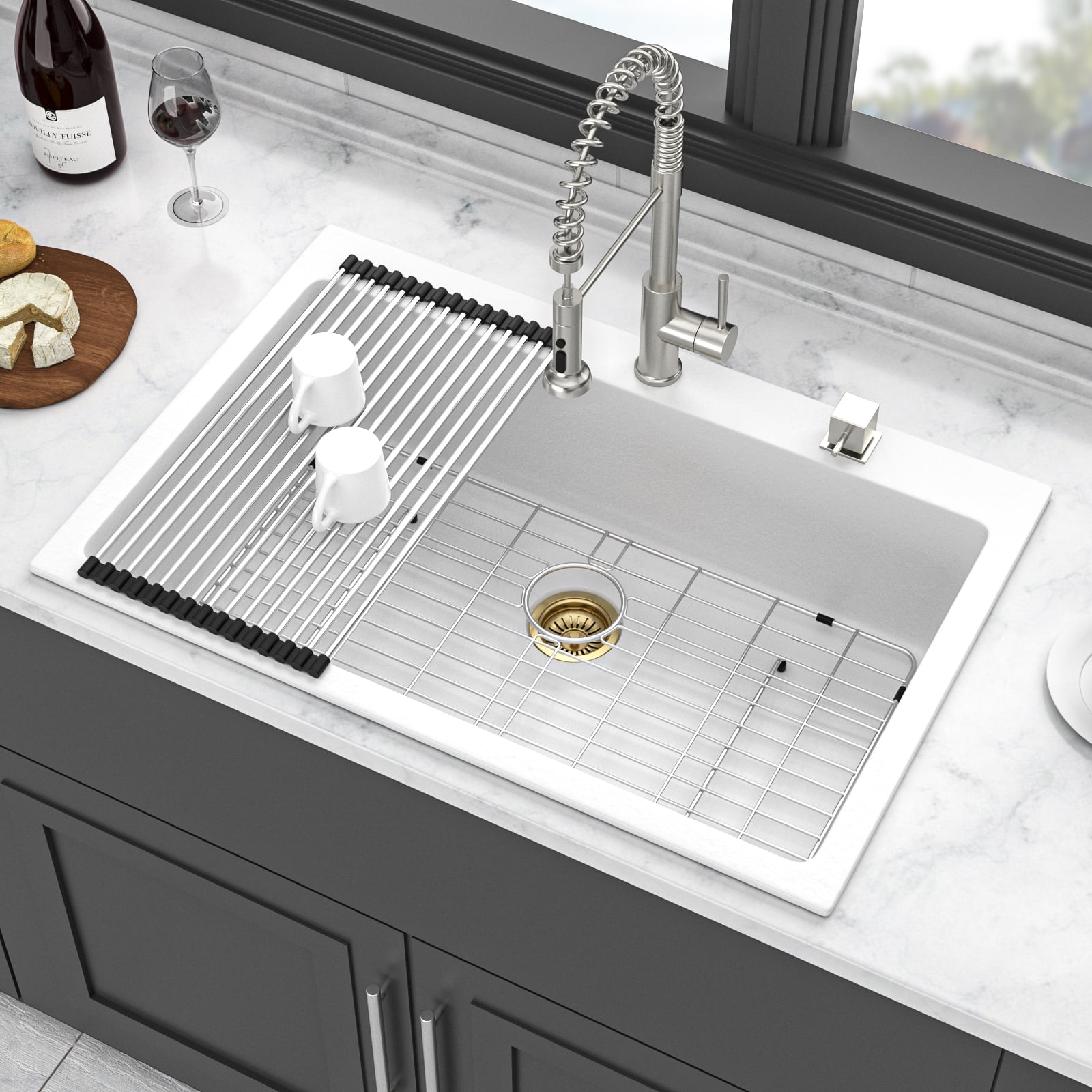 Quartz Kitchen Sink - 33" x 22" x 9.65" White granite composite Drop-in ...