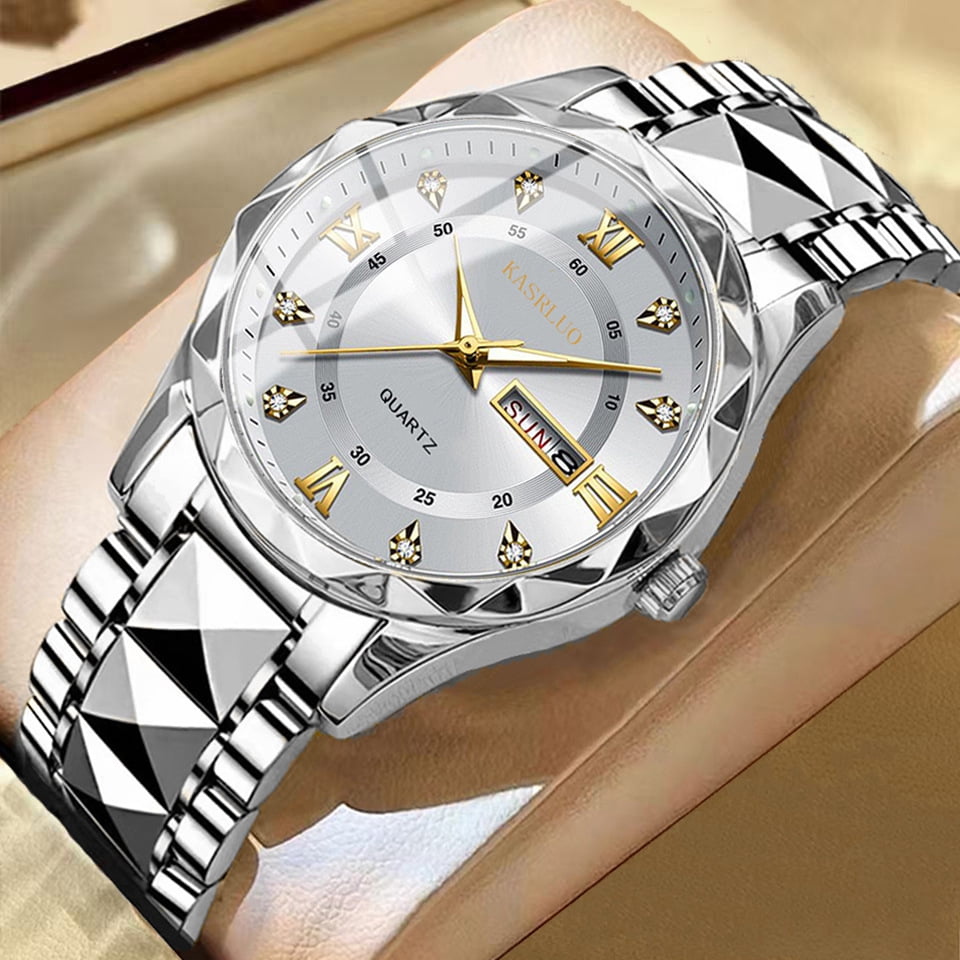 Quartz watch for men, dual calendar, diamond-shaped case, luminous ...