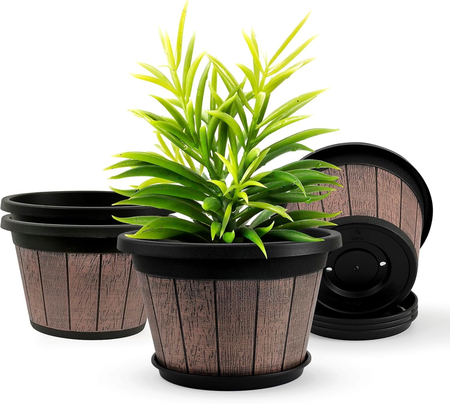 Quarut 4 Pack 10 inch Plant Pots,Upgrade Whiskey Barrel Planters with ...