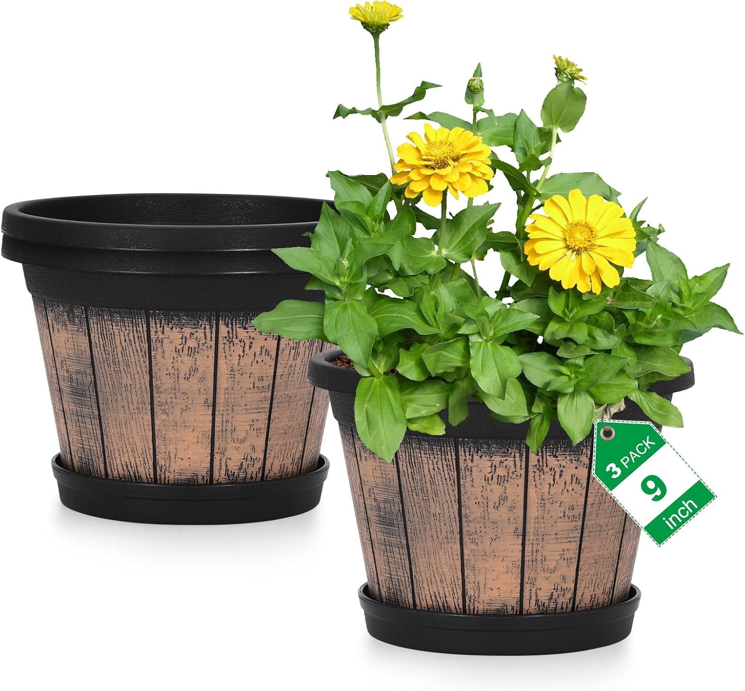 Quarut Large Plastic 3 Pack16 inch Plant Pots,Whiskey Barrel Planters ...
