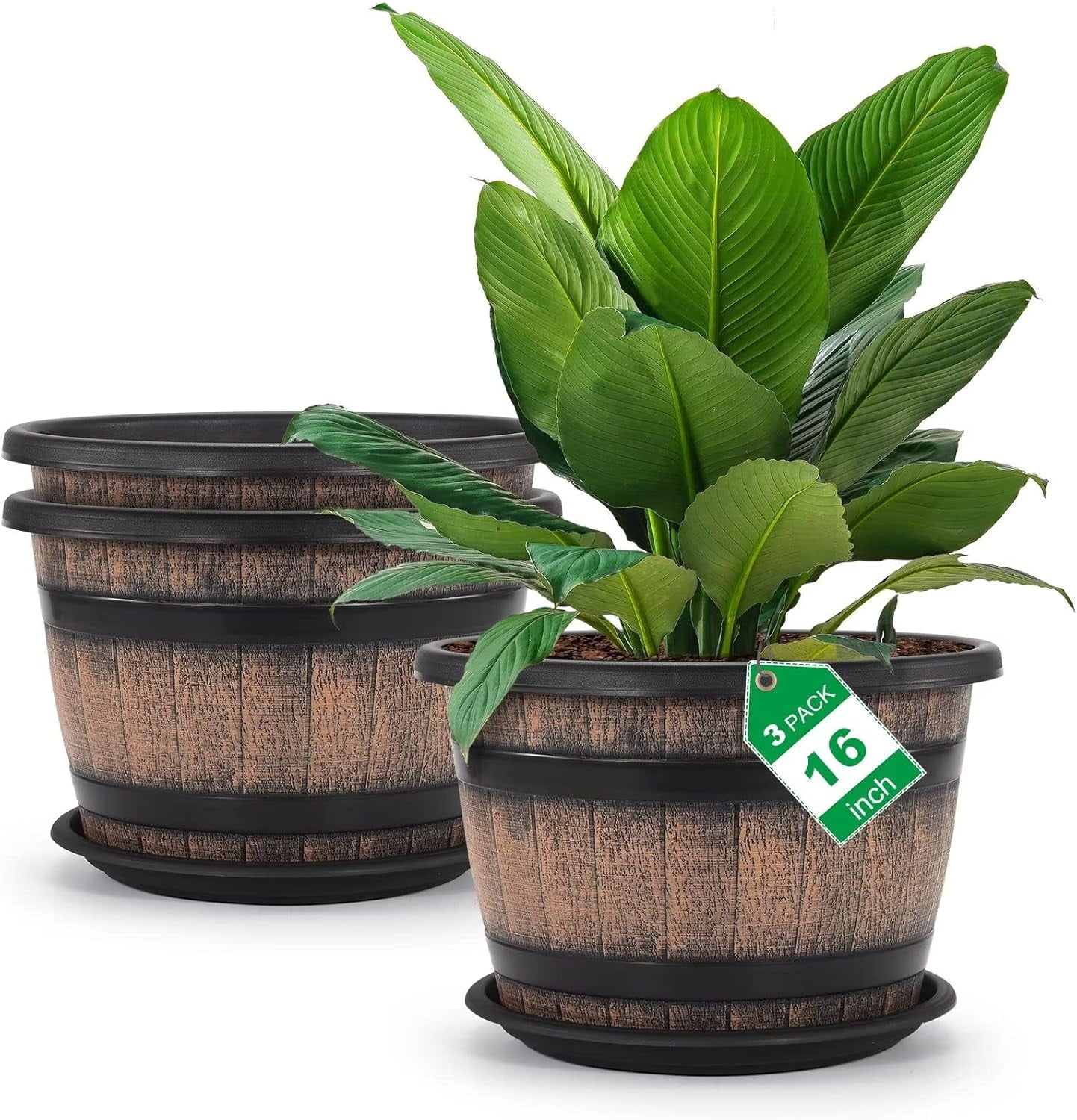 Quarut Large Plastic 3 Pack16 inch Plant Pots,Whiskey Barrel Planters with Drainage Holes ...