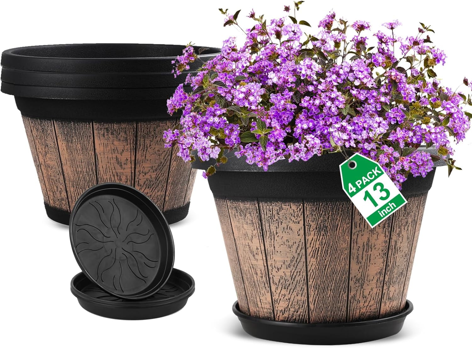 Quarut Plant Pots Set of 4 Pack 12 inch,Large Whiskey Barrel Planters ...