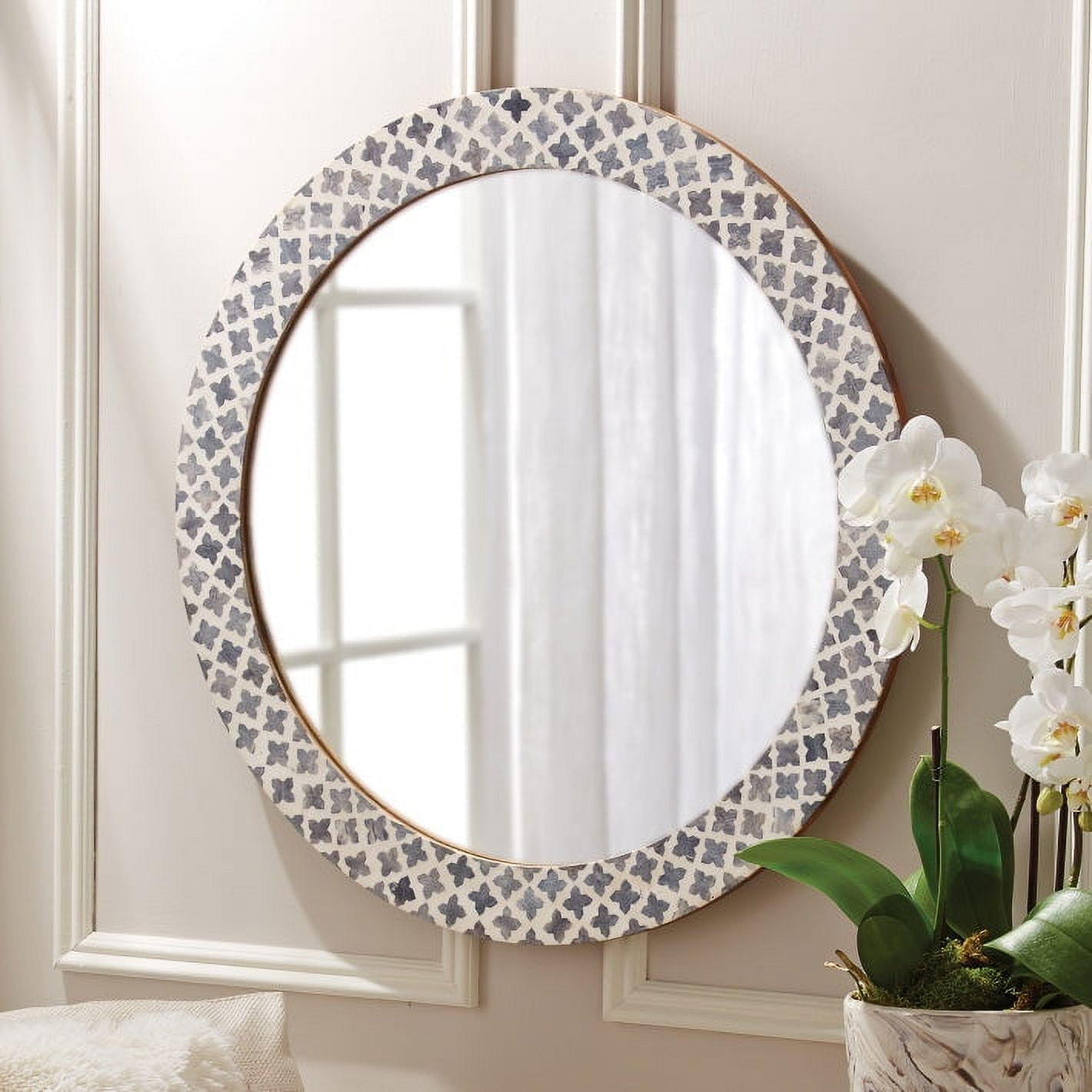 Decorative Accent Quatrefoil Colored Bone Inlay Round Wall Mirror Grey ...