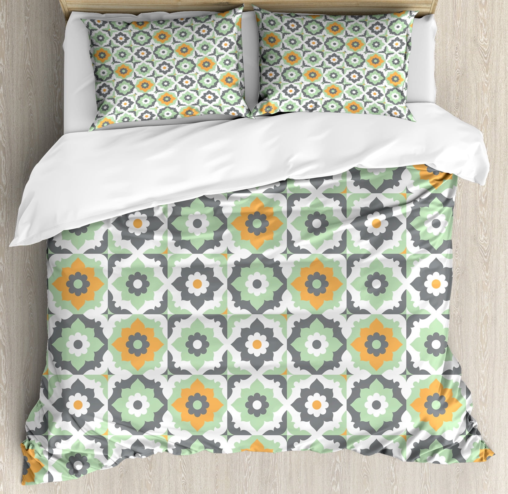 Quatrefoil Duvet Cover Set, Lotus Floral Shapes Moroccan Tile Pattern ...
