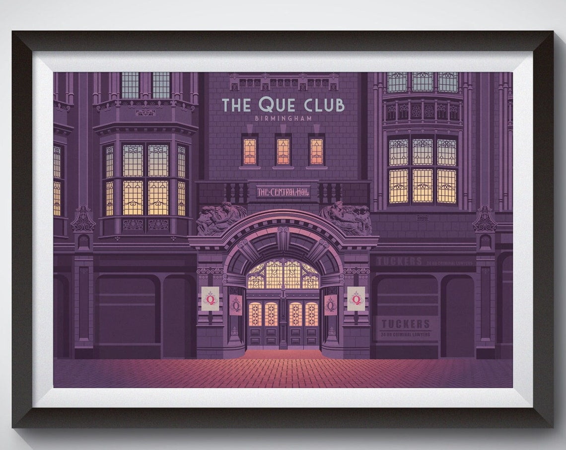 Que Club Poster, Birmingham Architecture Print, In The Que, Atomic Jam ...