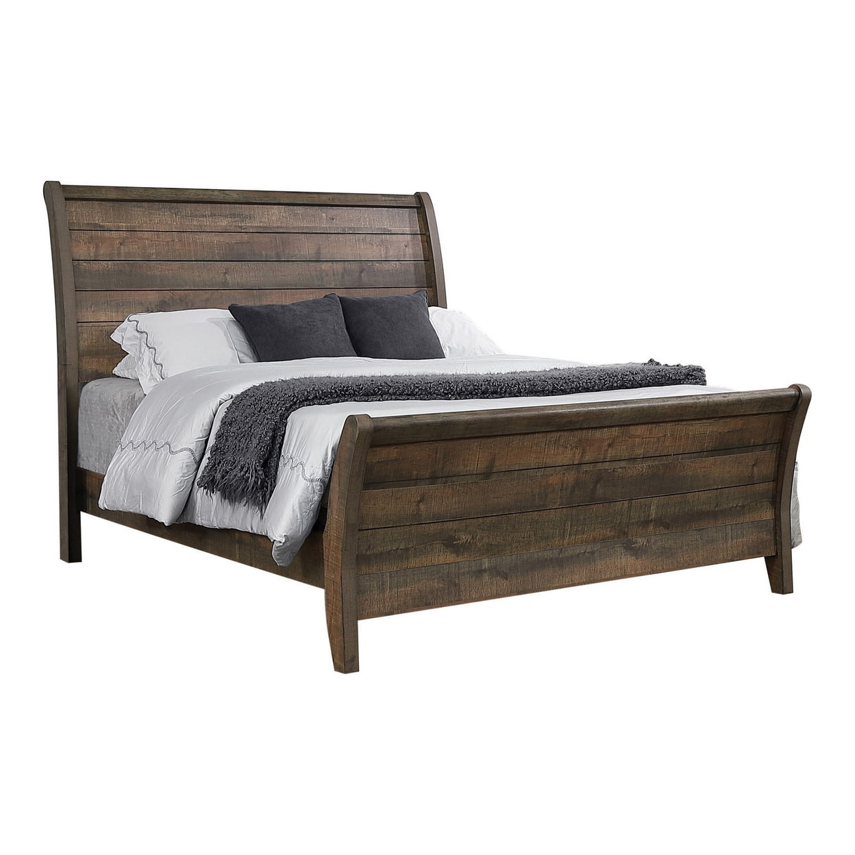 Que Wood Queen Size Bed with Curved Plank Sleigh Design, Rustic Brown ...
