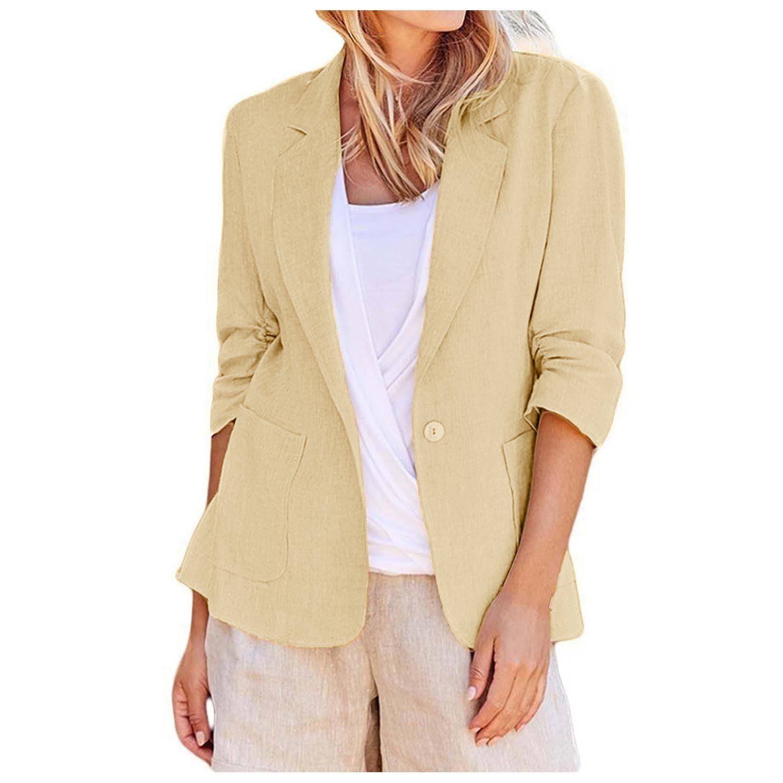 Quealent 2024 Fall Linen Blazer Women 3/4 Solid Color Stretchy Ruched ...