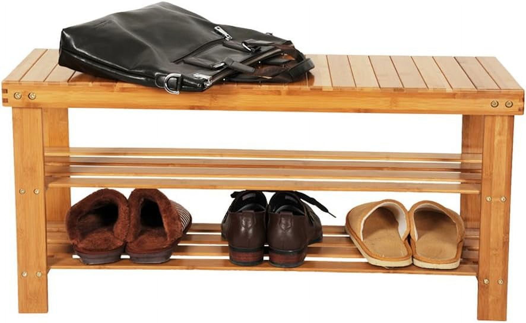 QueelQuest 3-Tier Bamboo Shoe Bench 35.5 Inch Long Entryway Storage ...