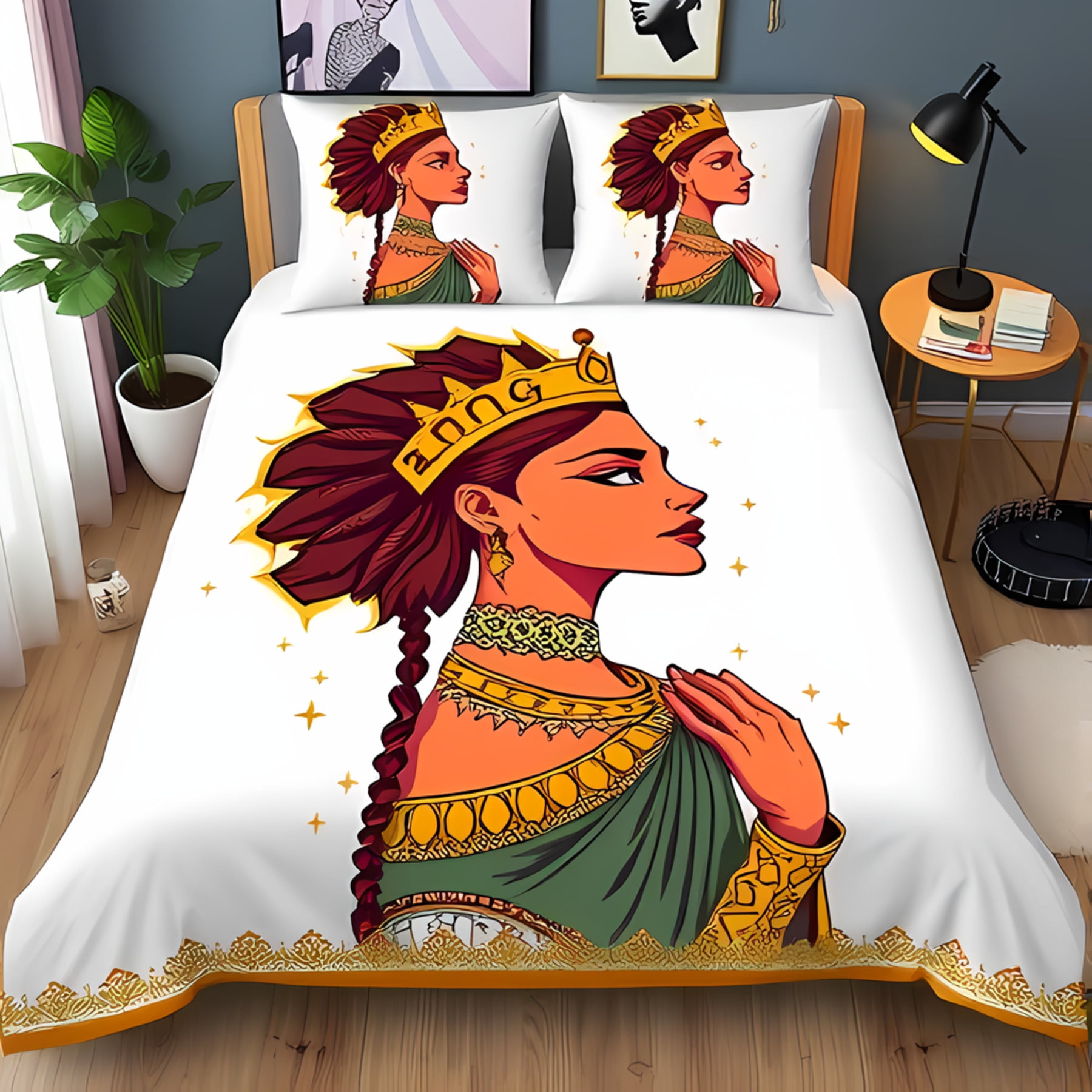 Queen 3-Piece Duvet Cover Set - Vibrant Illustration with Gold Accents ...