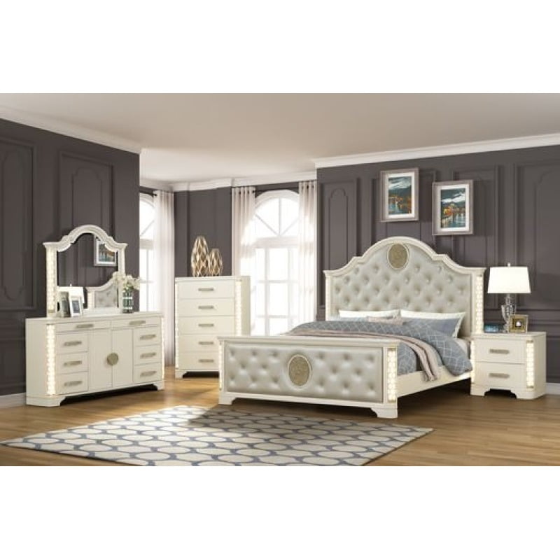 Queen 4 Pc Unique LED Bedroom Set made with Wood in Beige - Walmart.com
