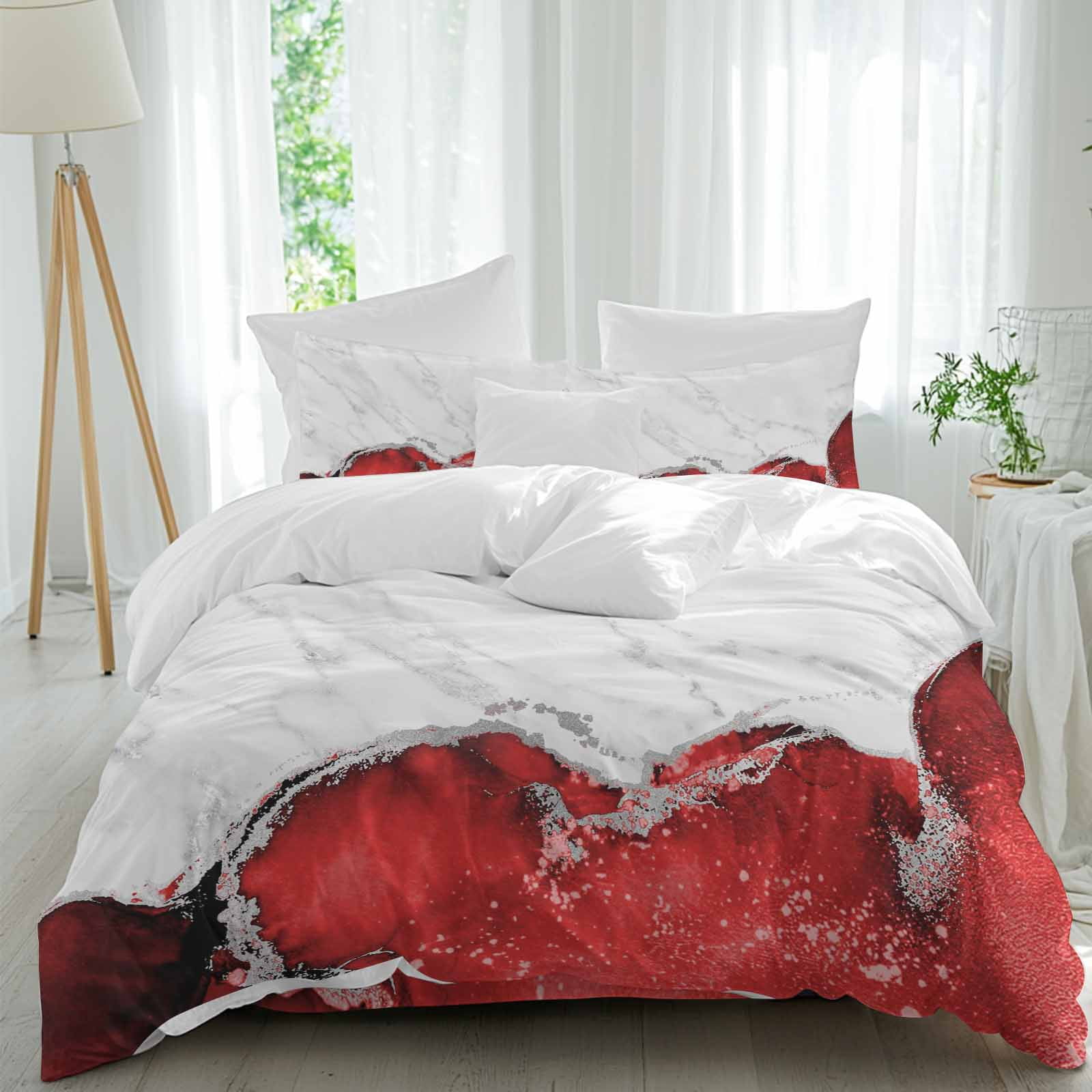 Queen 4 Piece Bedding Set Abstract Red White Marble Texture Soft ...