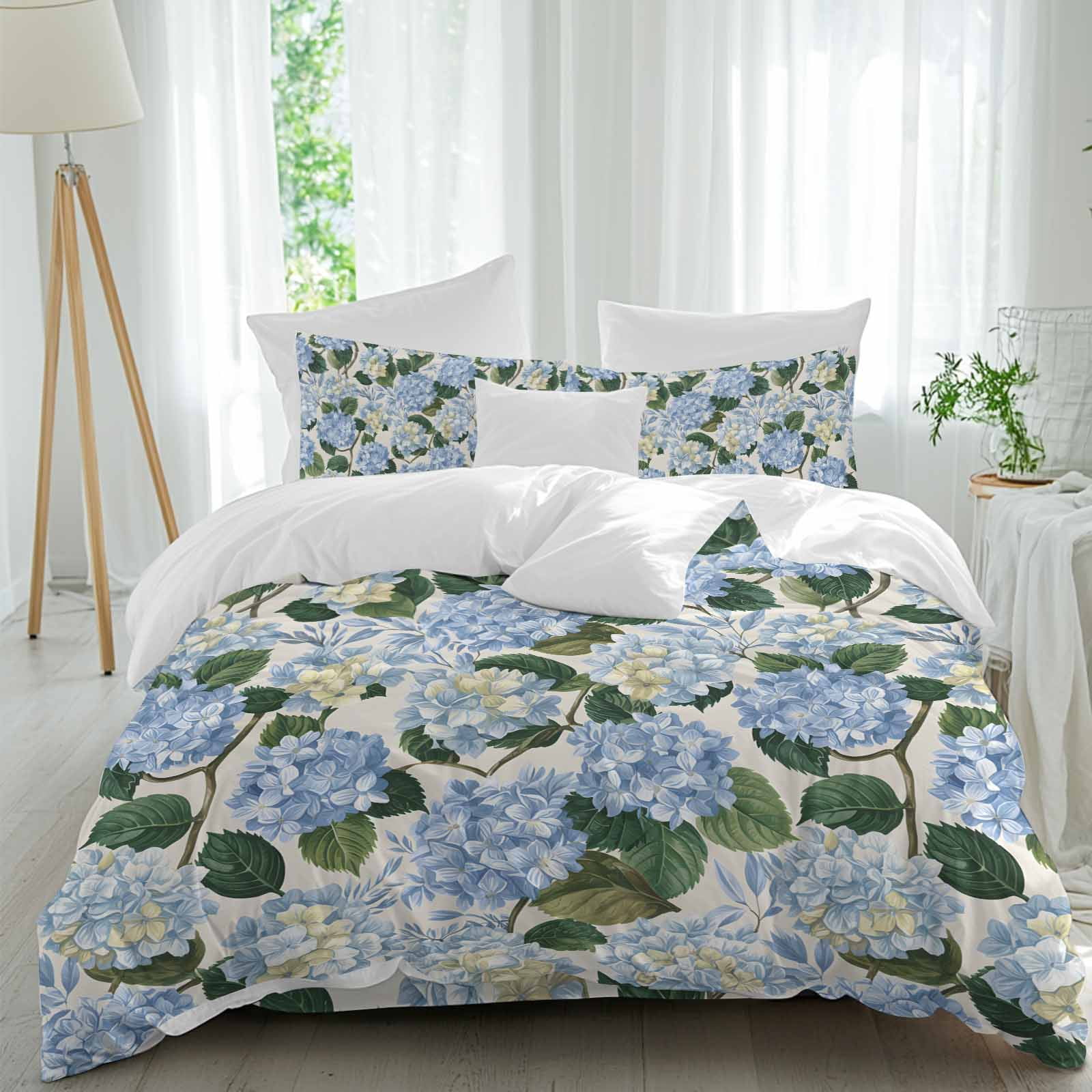 Queen 4 Piece Bedding Set Blue Flower Hydrangea Green Leaf Soft ...