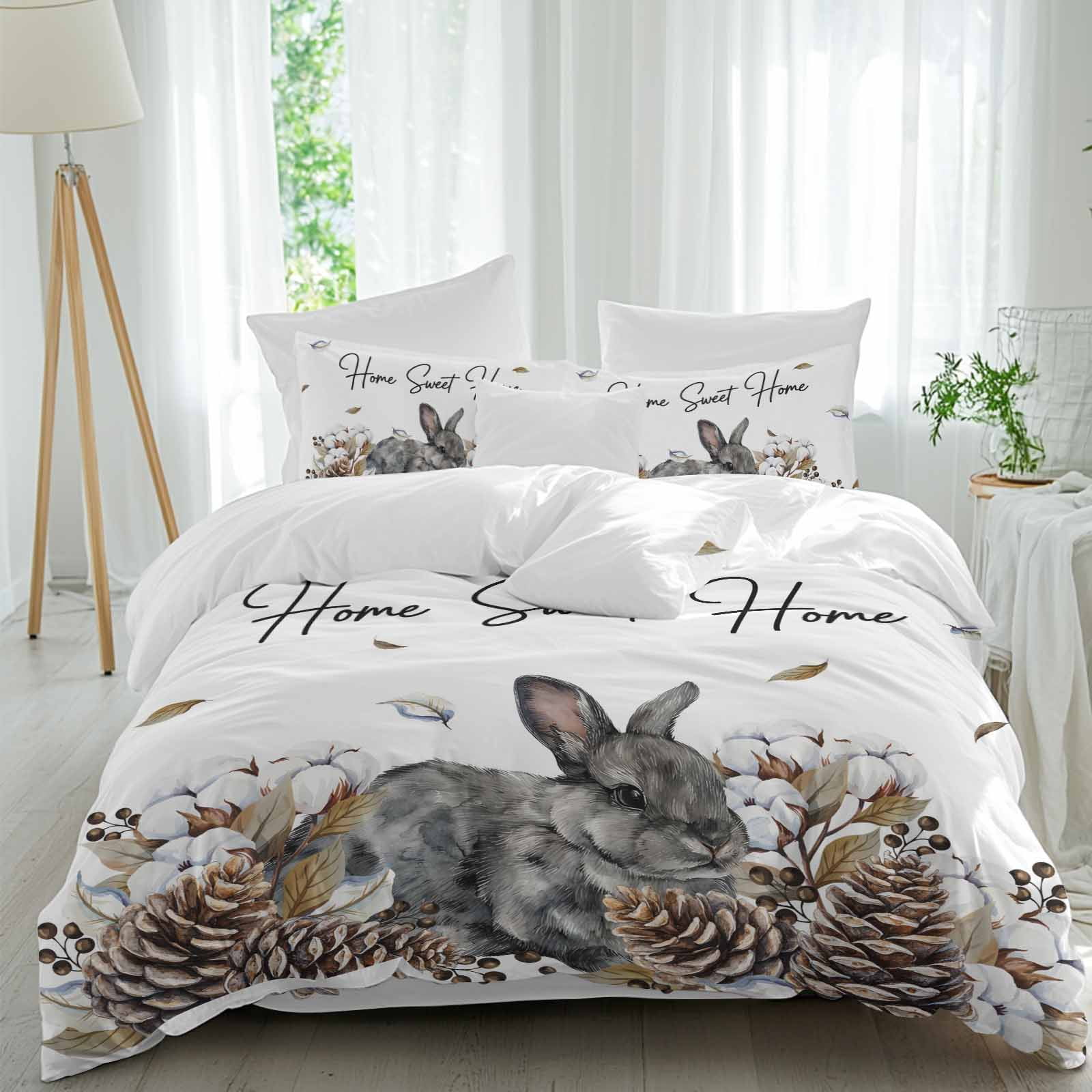 Queen 4 Piece Bedding Set Farmhouse Rabbit Rustic Plant Soft Breathable ...