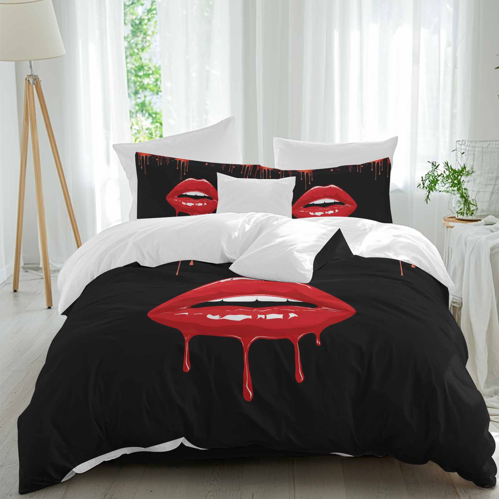 Queen 4 Piece Bedding Set Red Lips Bloody Mouth on Black Soft ...