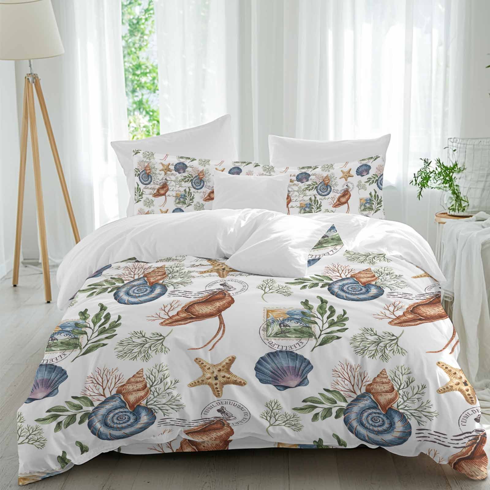 Queen 4 Piece Bedding Set Retro Seaside Marine Life Soft Breathable ...