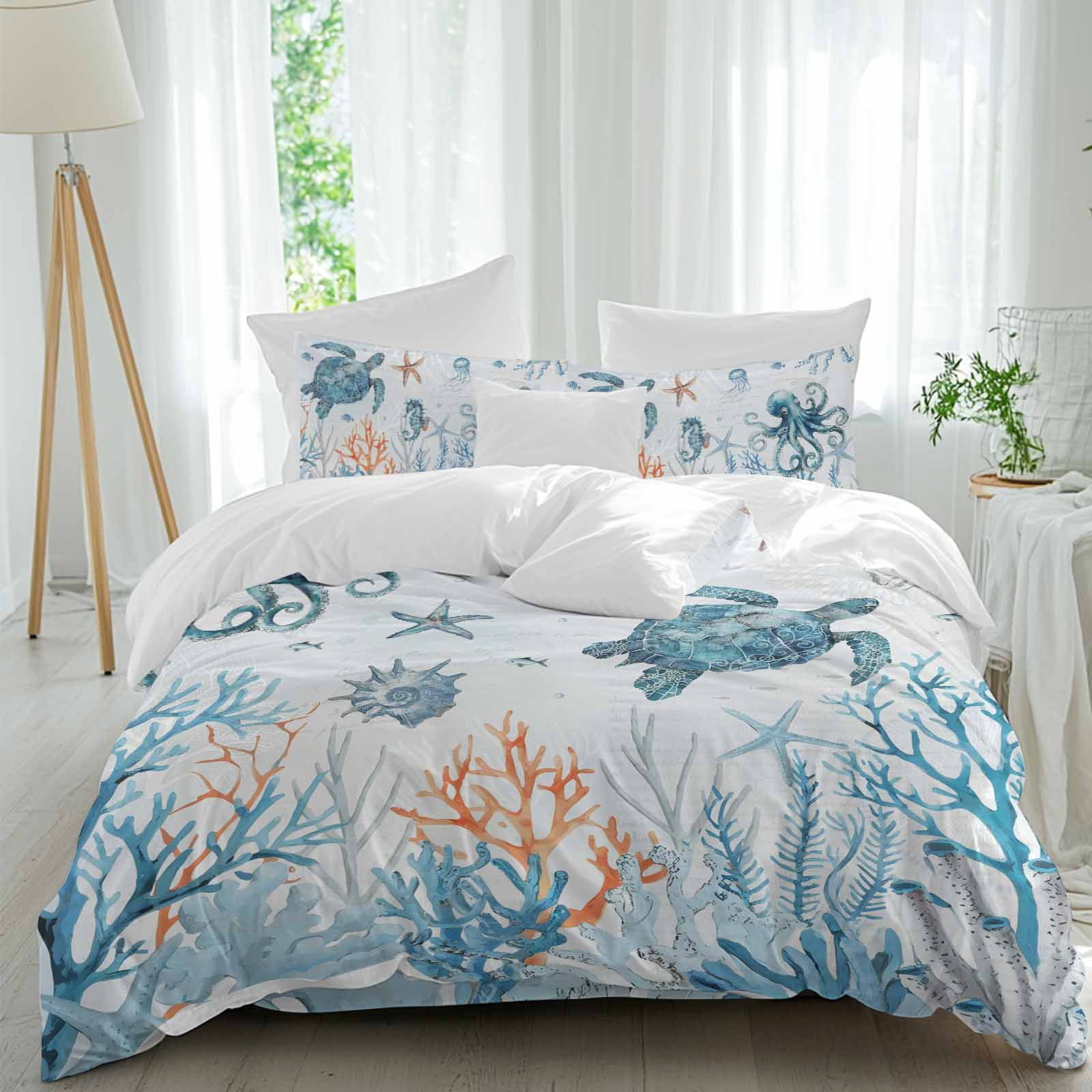 Queen 4 Piece Bedding Set Sea Turtles Corals Soft Breathable Duvet ...