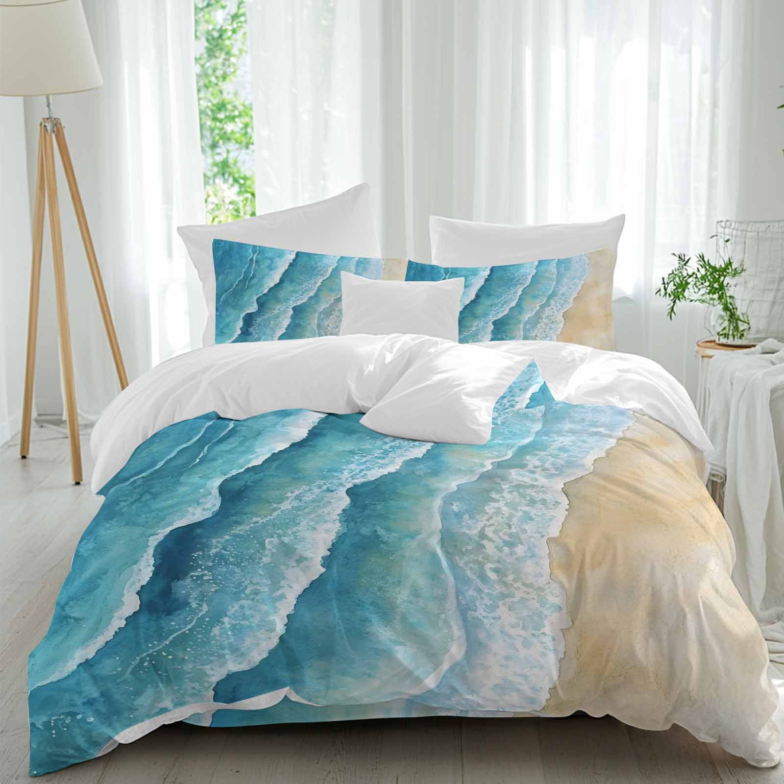 Queen 4 Piece Bedding Set Summer Beach Blue Gradient Wave Soft ...