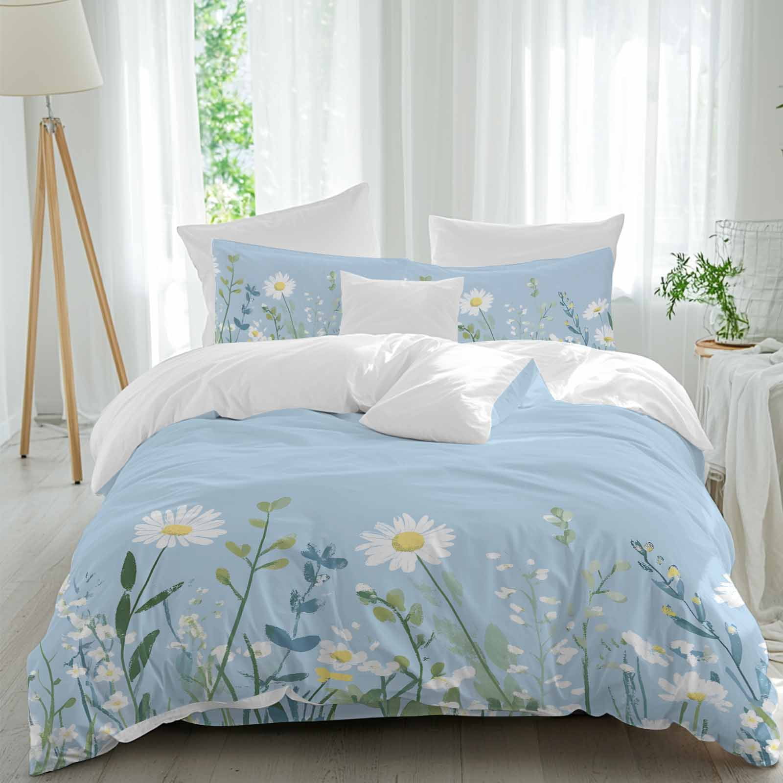 Queen 4 Piece Bedding Set Summer Cartoon Daisy Green Leaves Soft ...