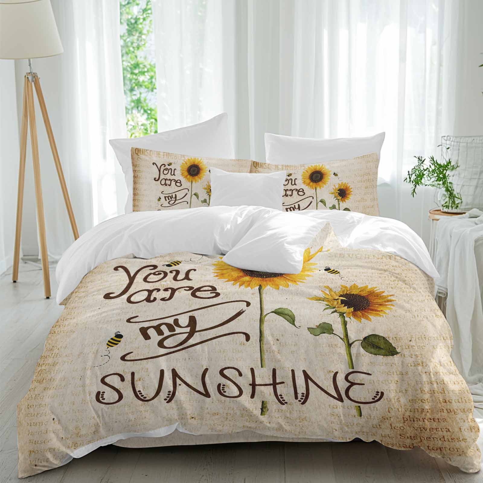 Queen 4 Piece Bedding Set Vintage Farm Sunflowers Bees Soft Breathable ...