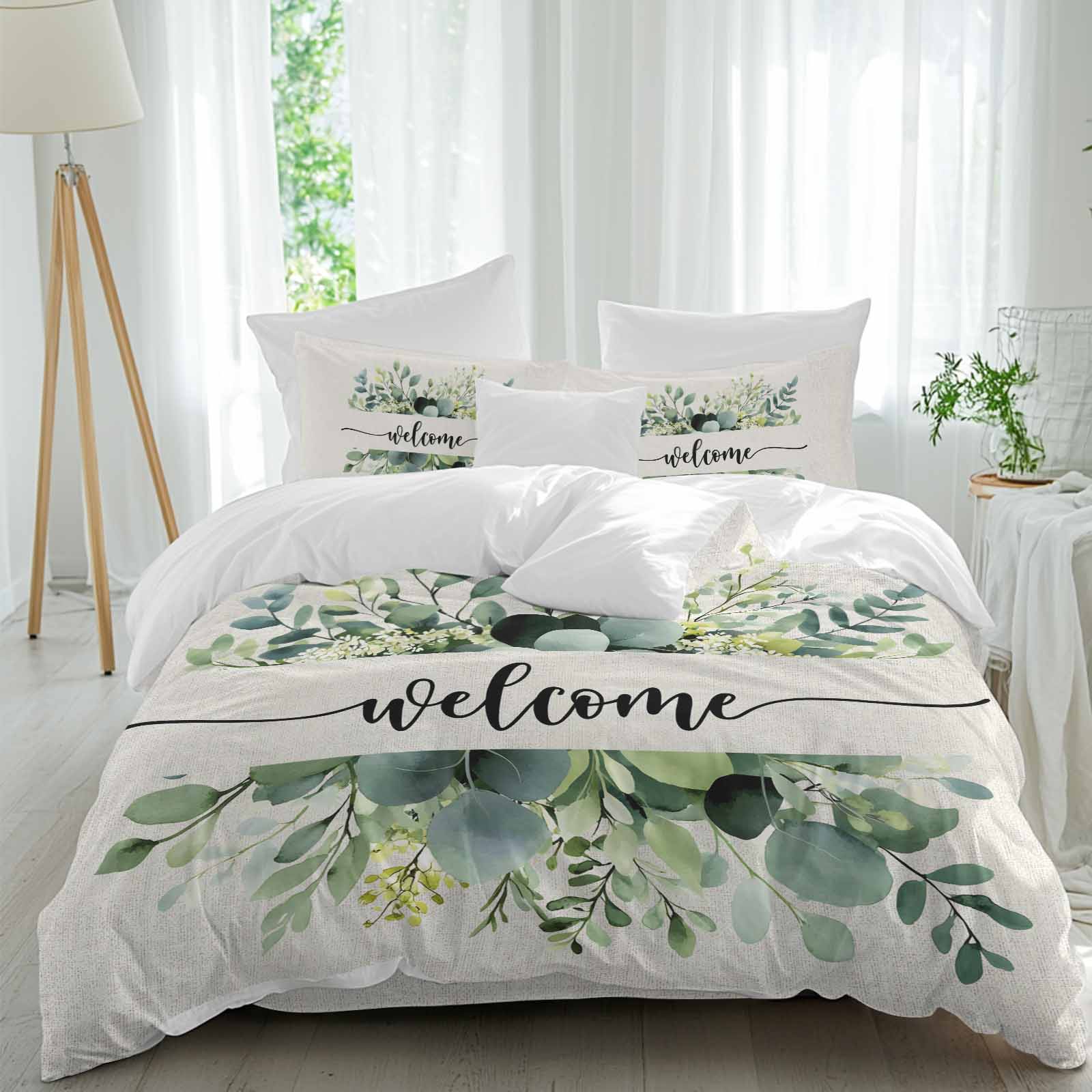 Queen 4 Piece Bedding Set Welcome Eucalyptus Leaf Plant Soft Breathable ...