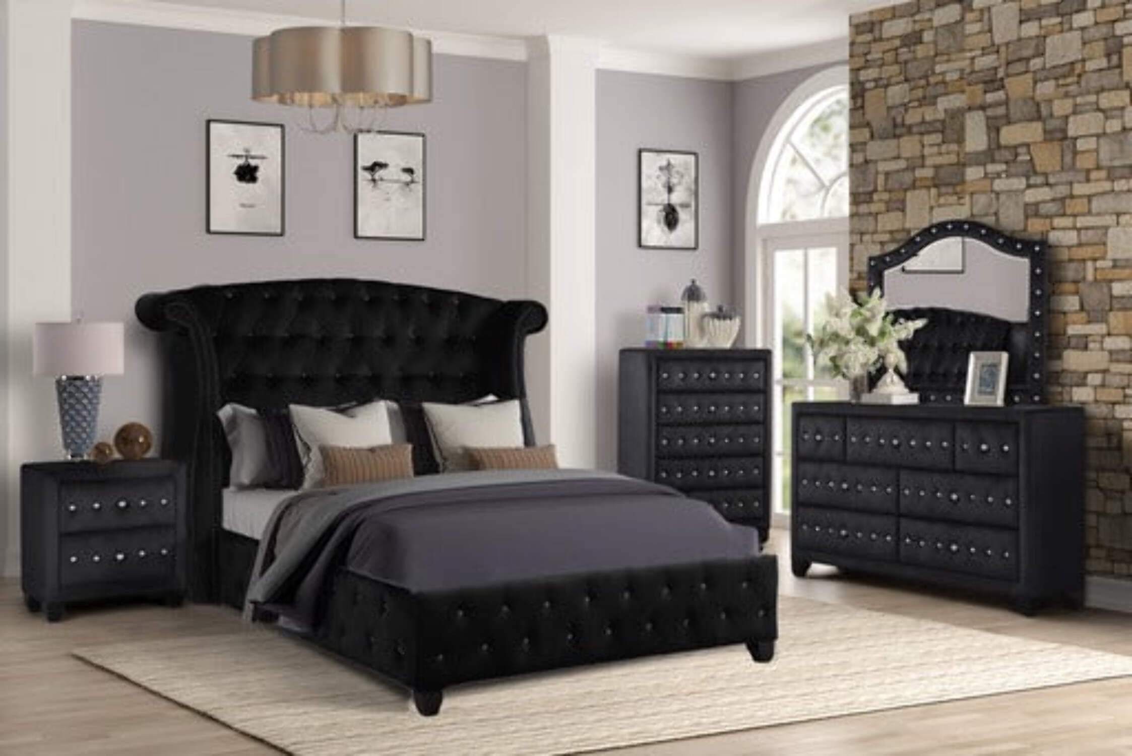 Queen 5 Pc Upholstery Bedroom Set Made With Wood In Black Box Spring ...